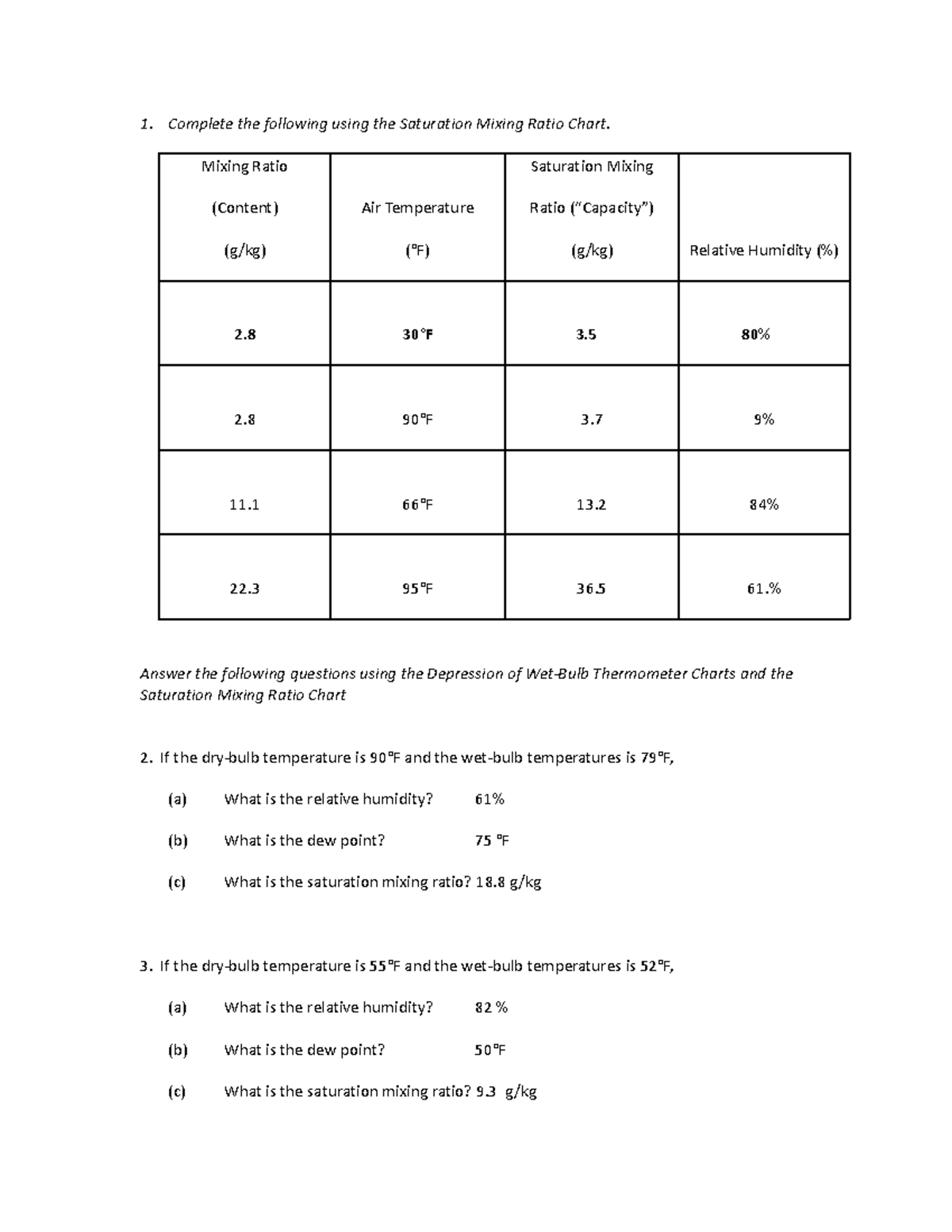 Humidity Lab #1 - Complete the following using the Saturation Mixing ...