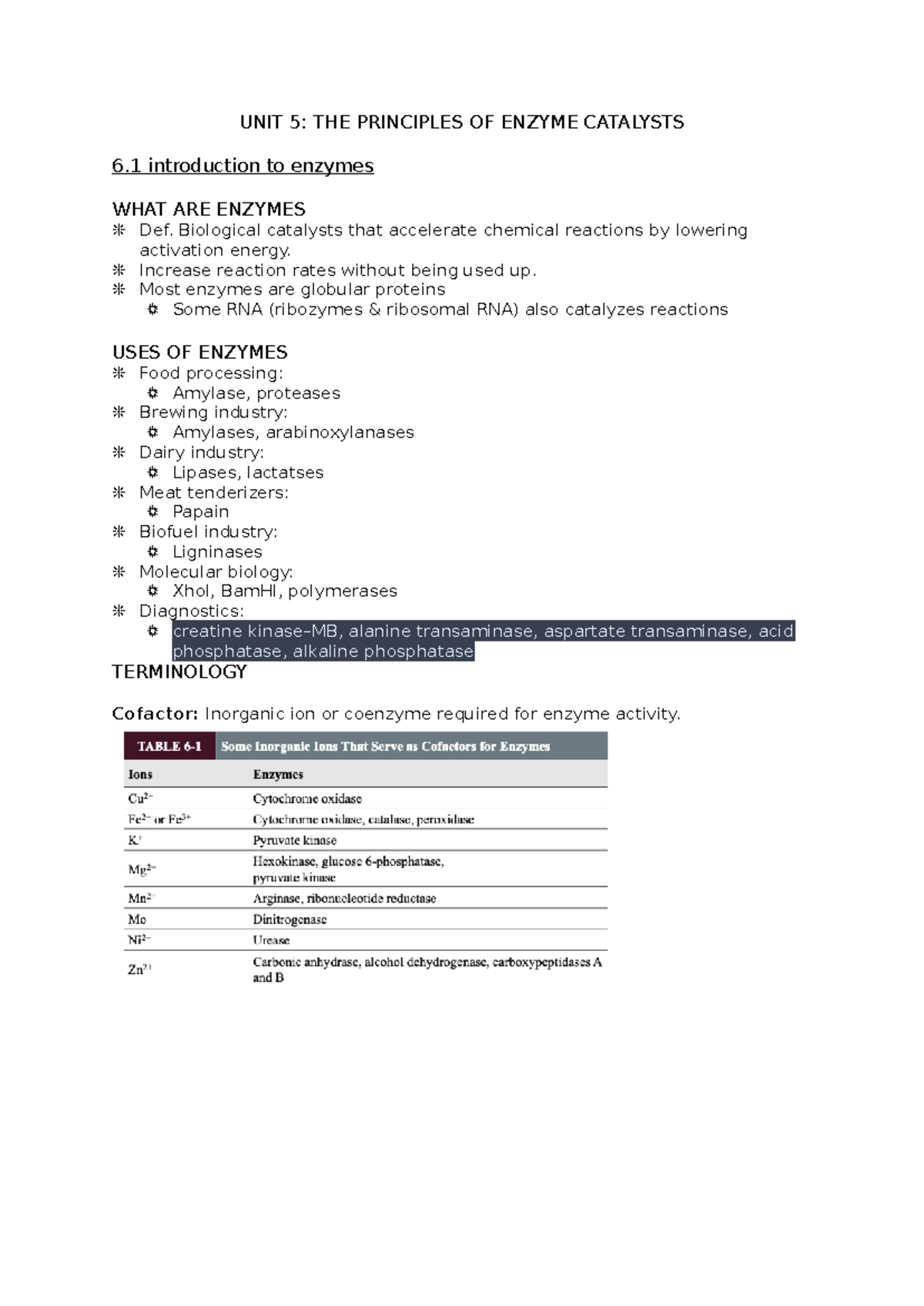 UNIT 5 - Summary Introduction to proteins and enzymes - UNIT 5: THE PRINCIPLES OF ENZYME ...