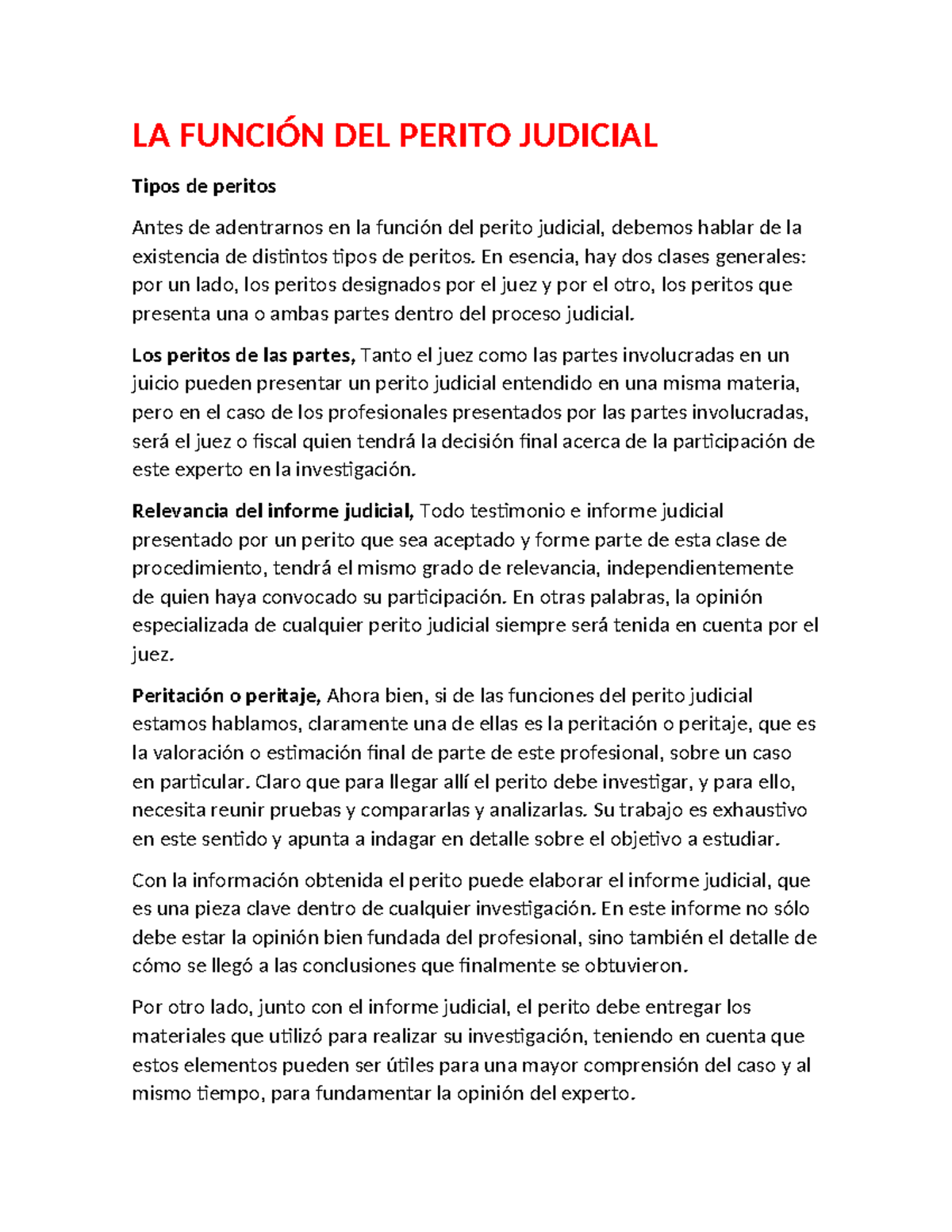 LA Función DEL Perito Judicial. - LA FUNCIÓN DEL PERITO JUDICIAL Tipos ...