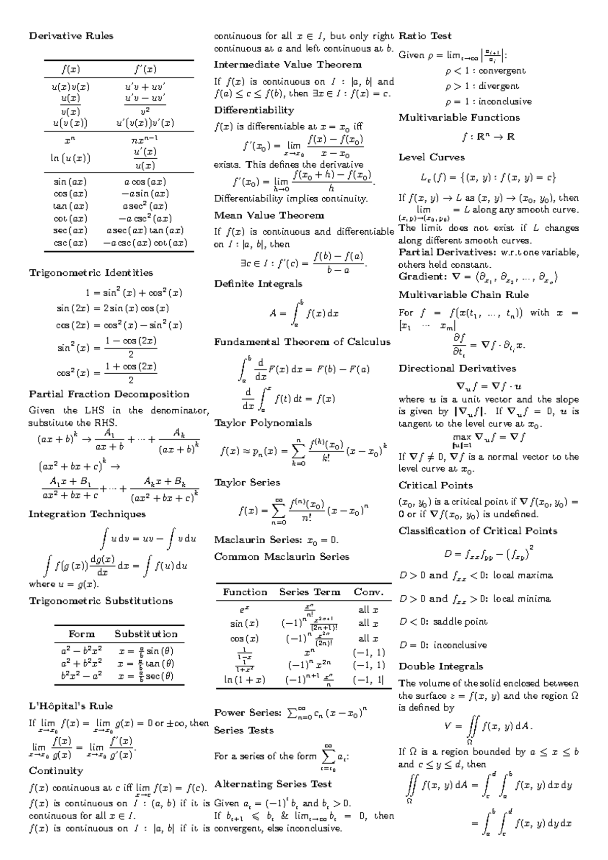 MXB105 Exam Notes - Good - Derivative Rules 𝑓(𝑥) 𝑓′(𝑥) 𝑢(𝑥)𝑣(𝑥) 𝑢′𝑣 ...