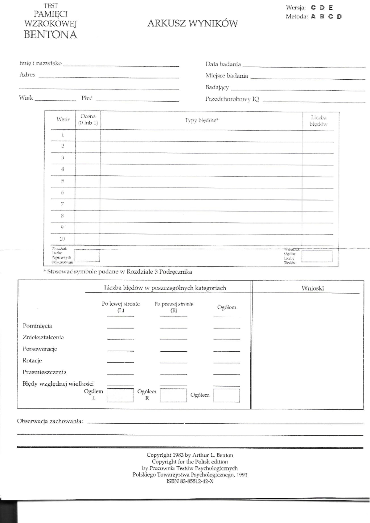 Benton protokół - TEST Wersja: CDE PAMIECI Metoda: ABCD WZROKOWEJ ...