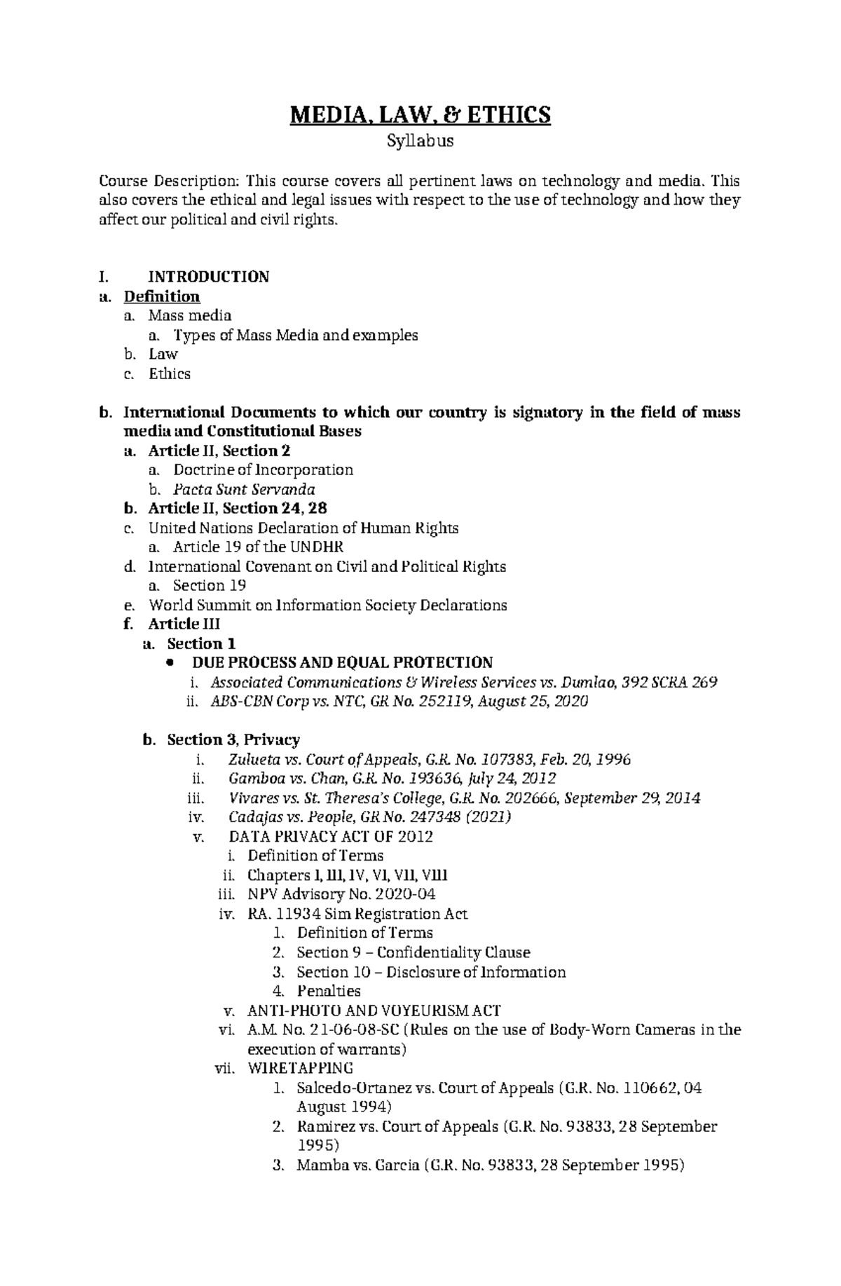 Media Law Ethics Syllabus - MEDIA, LAW, & ETHICS Syllabus Course ...