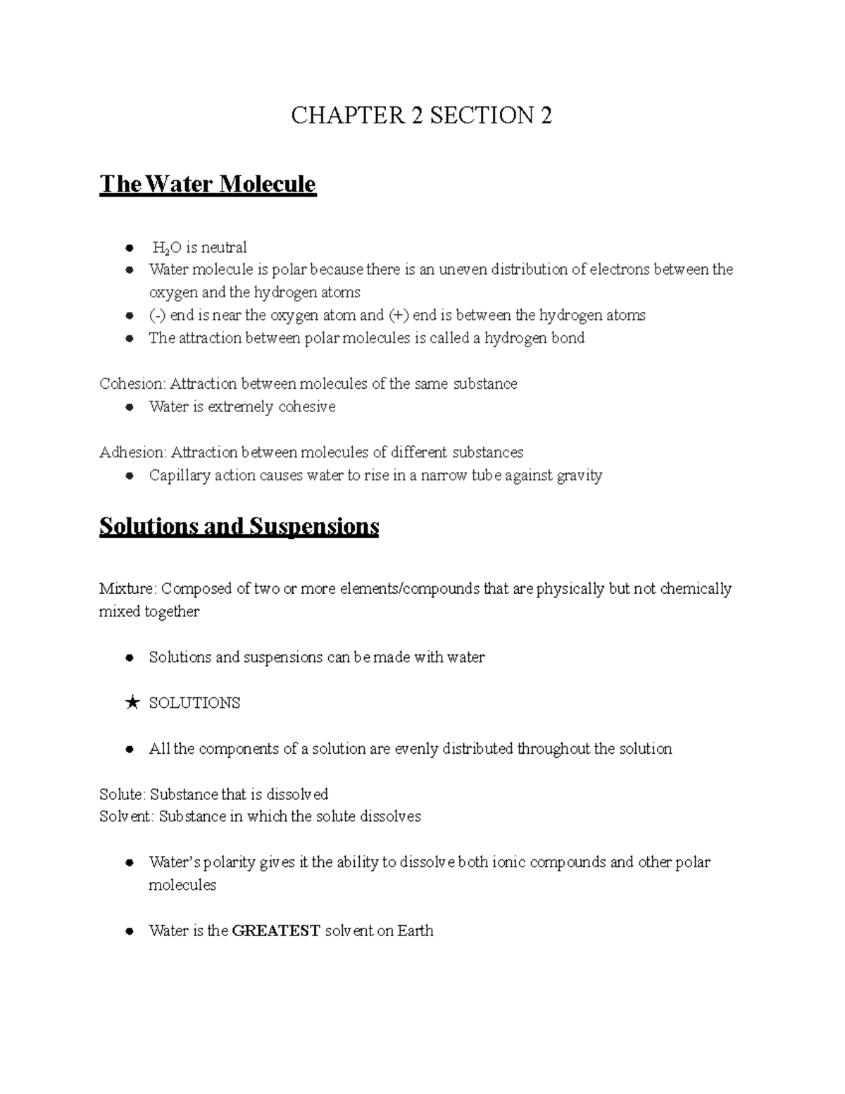 Chemistry unit guide 3 - CHAPTER 2 SECTION 2 The Water Molecule Water ...