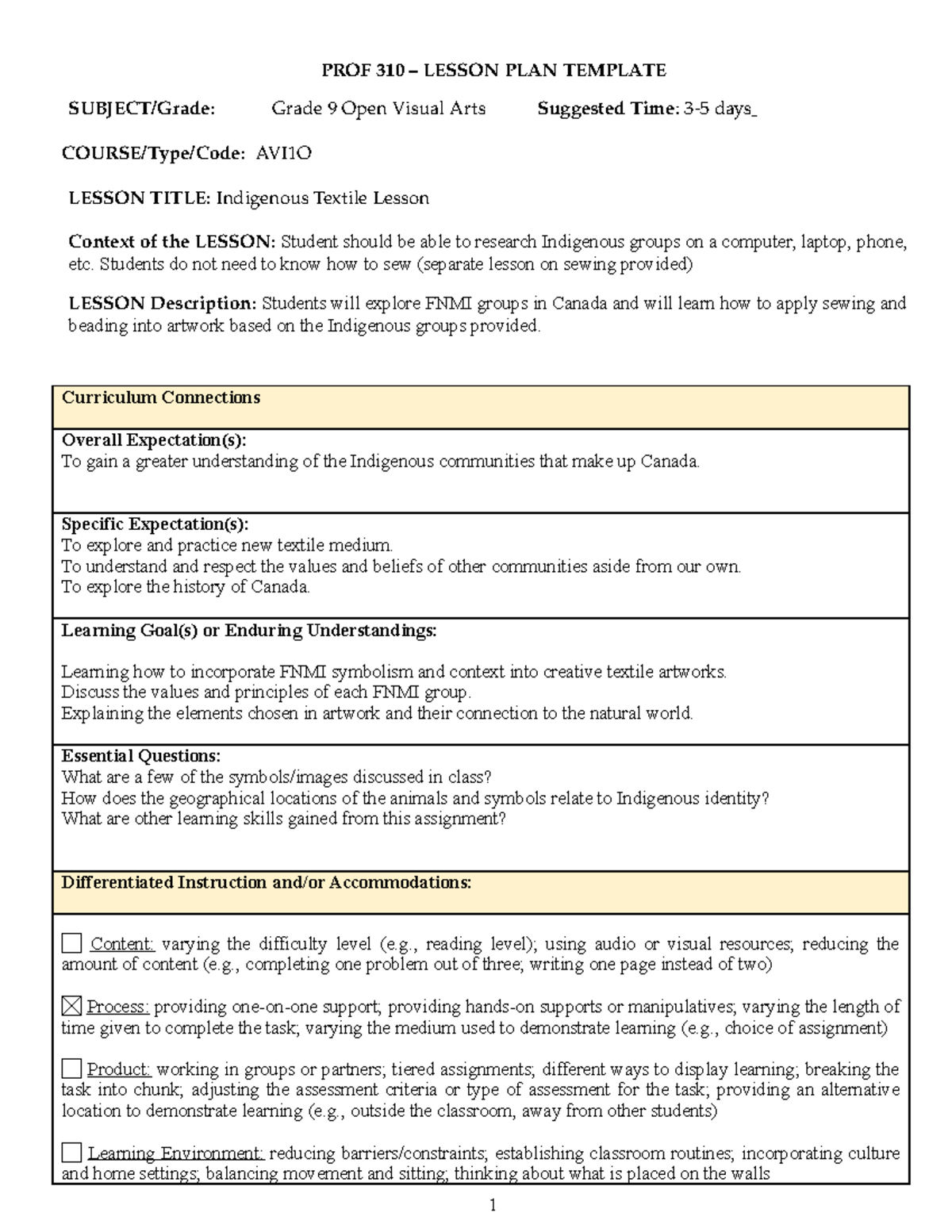 Lesson Plan - PROF 310 – LESSON PLAN TEMPLATE SUBJECT/Grade: Grade 9 ...