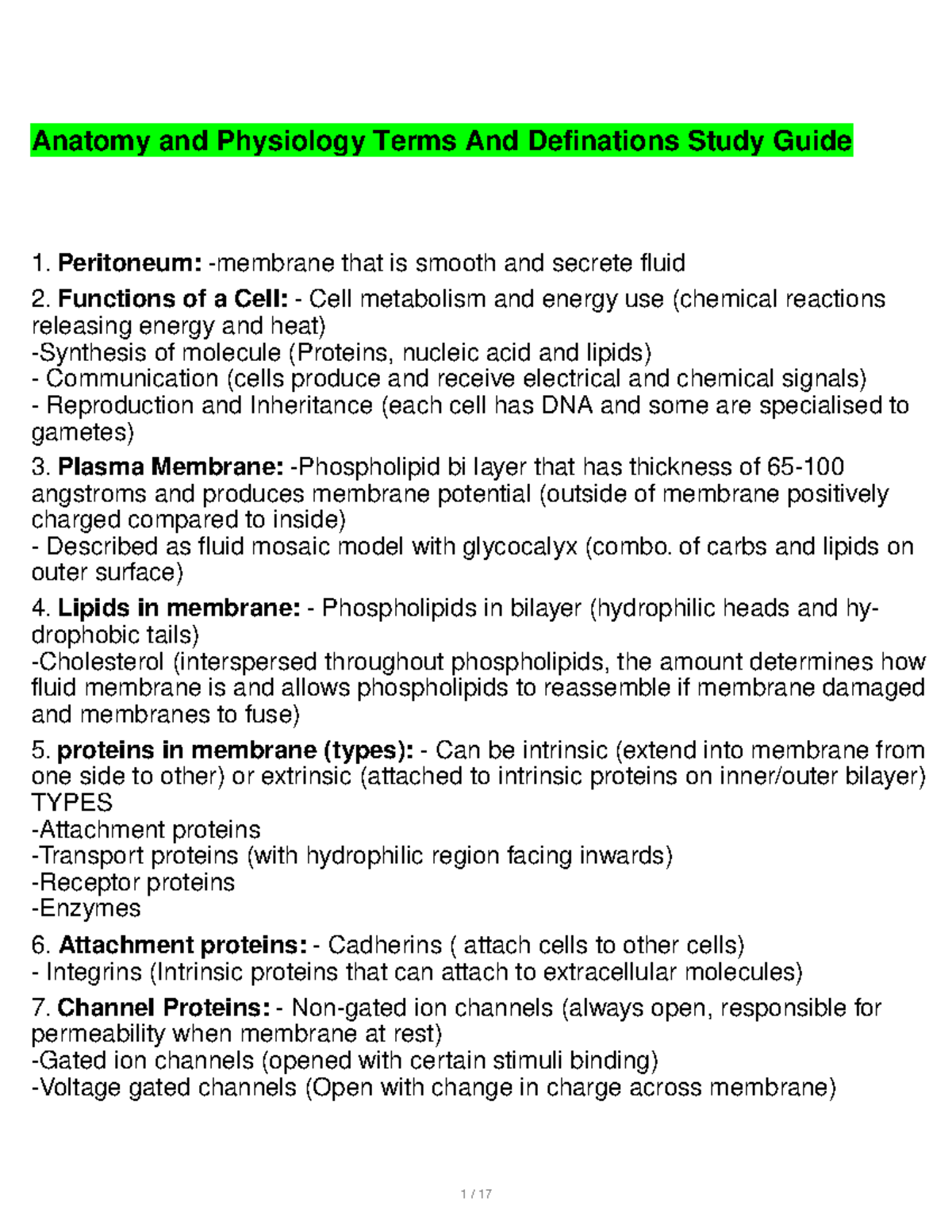 Anatomy and Physiology Terms And Definations Study Guide - Anatomy and ...