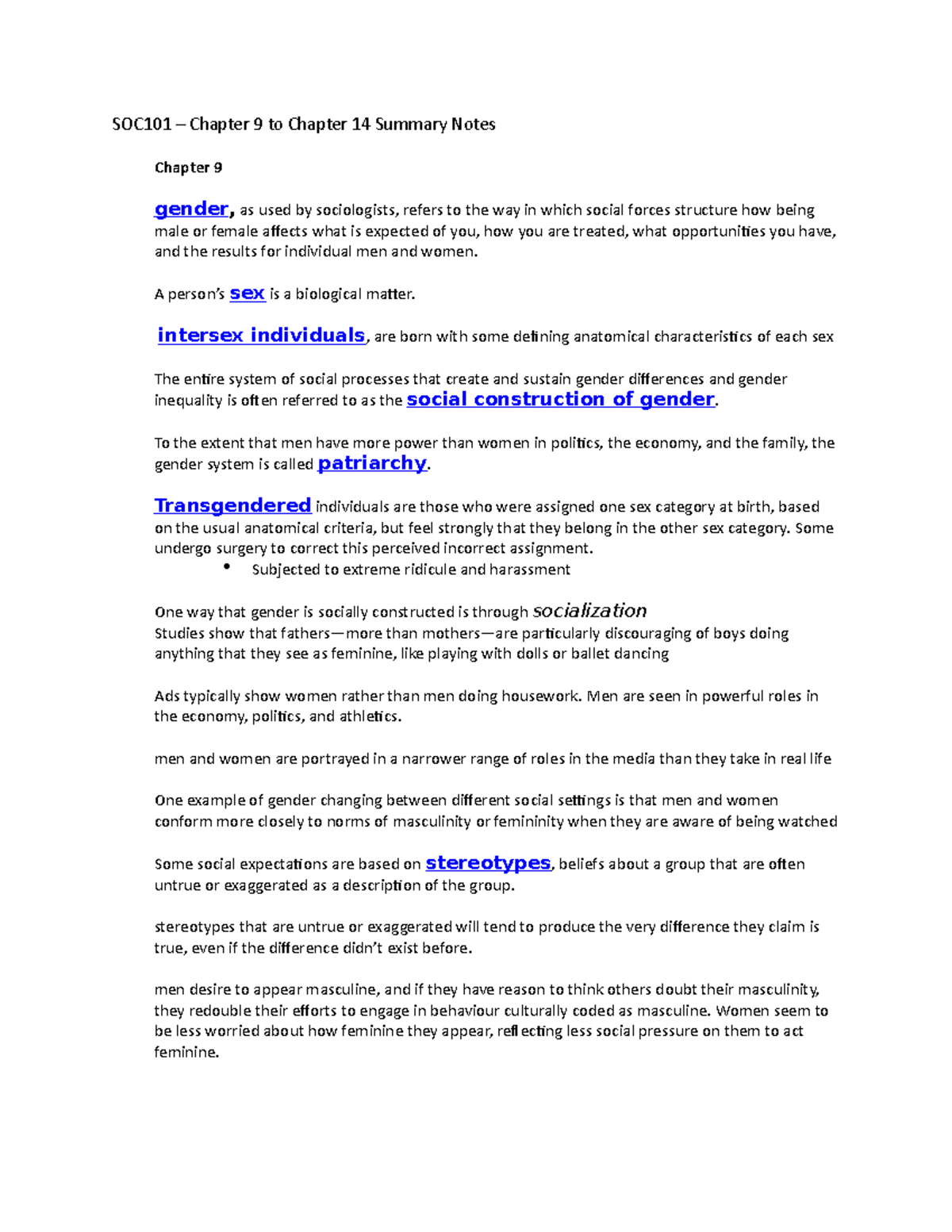 SOC101 Chapter 9 to 14 Summary - SOC101 Chapter 9 to Chapter 14 Summary ...