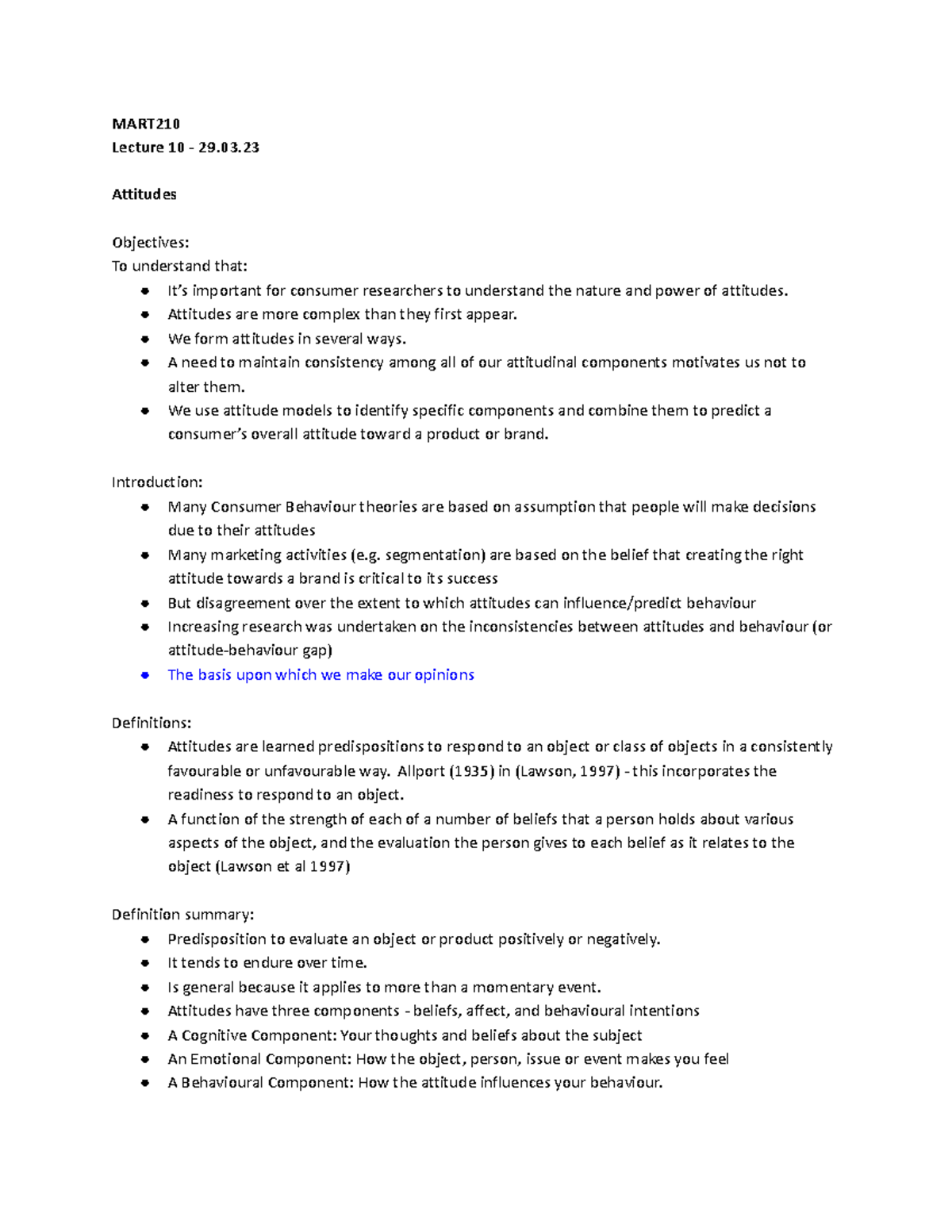 MART210 - Lecture 10 Notes - MART Lecture 10 - 29. Attitudes Objectives ...