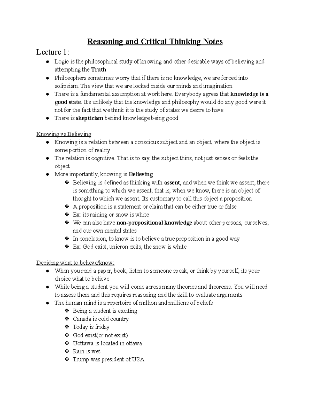 PHI 1101J Notes - Reasoning and Critical Thinking Notes Lecture 1 ...