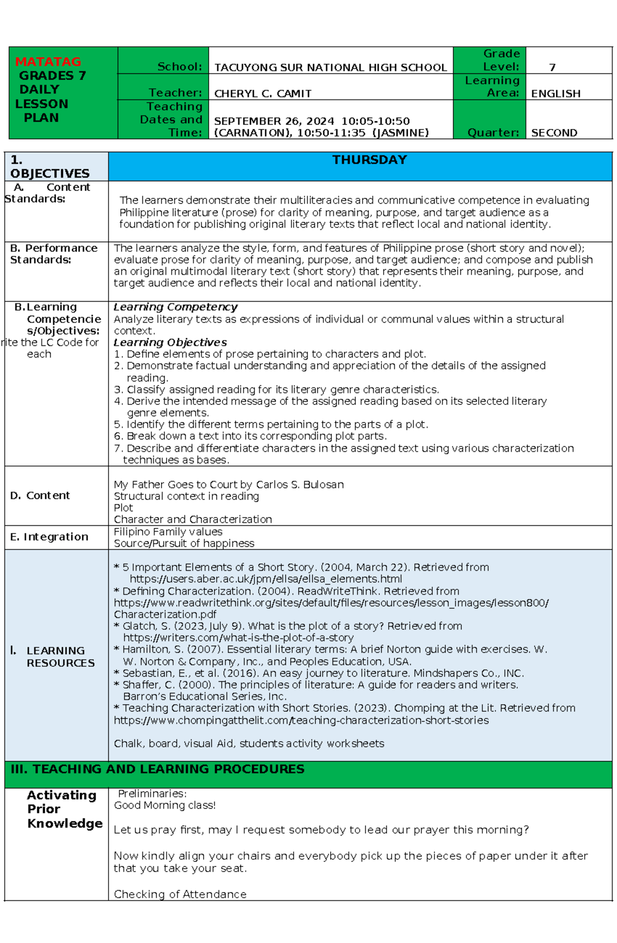 English 7 week 1 DLP - MATATAG GRADES 7 DAILY LESSON PLAN School ...