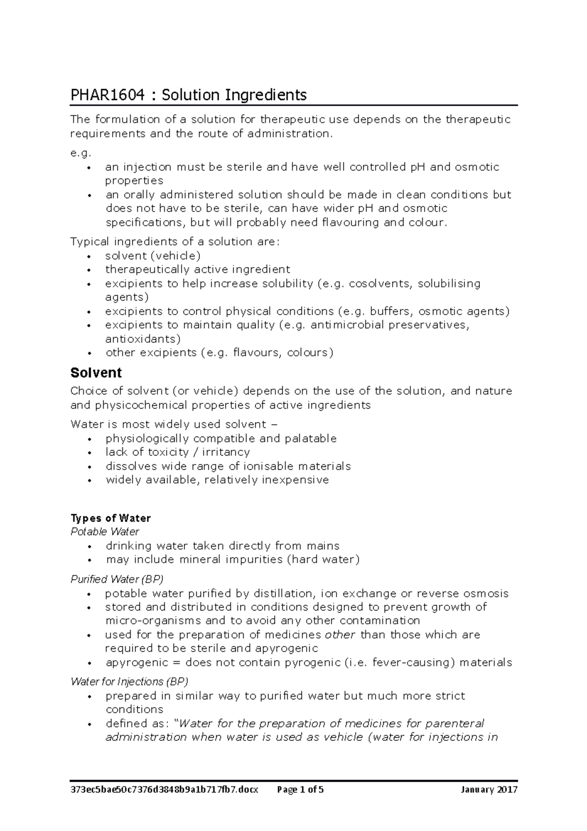 Solutions 4 - Summary Pharmacy - PHAR1604 : Solution Ingredients The ...