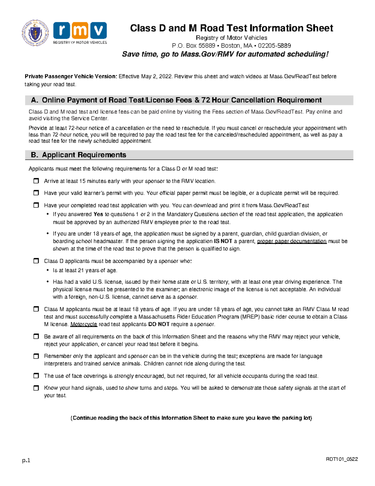 RDT101 - Class D and M Road Test Information Sheet 0522 - RDT101_ Class ...