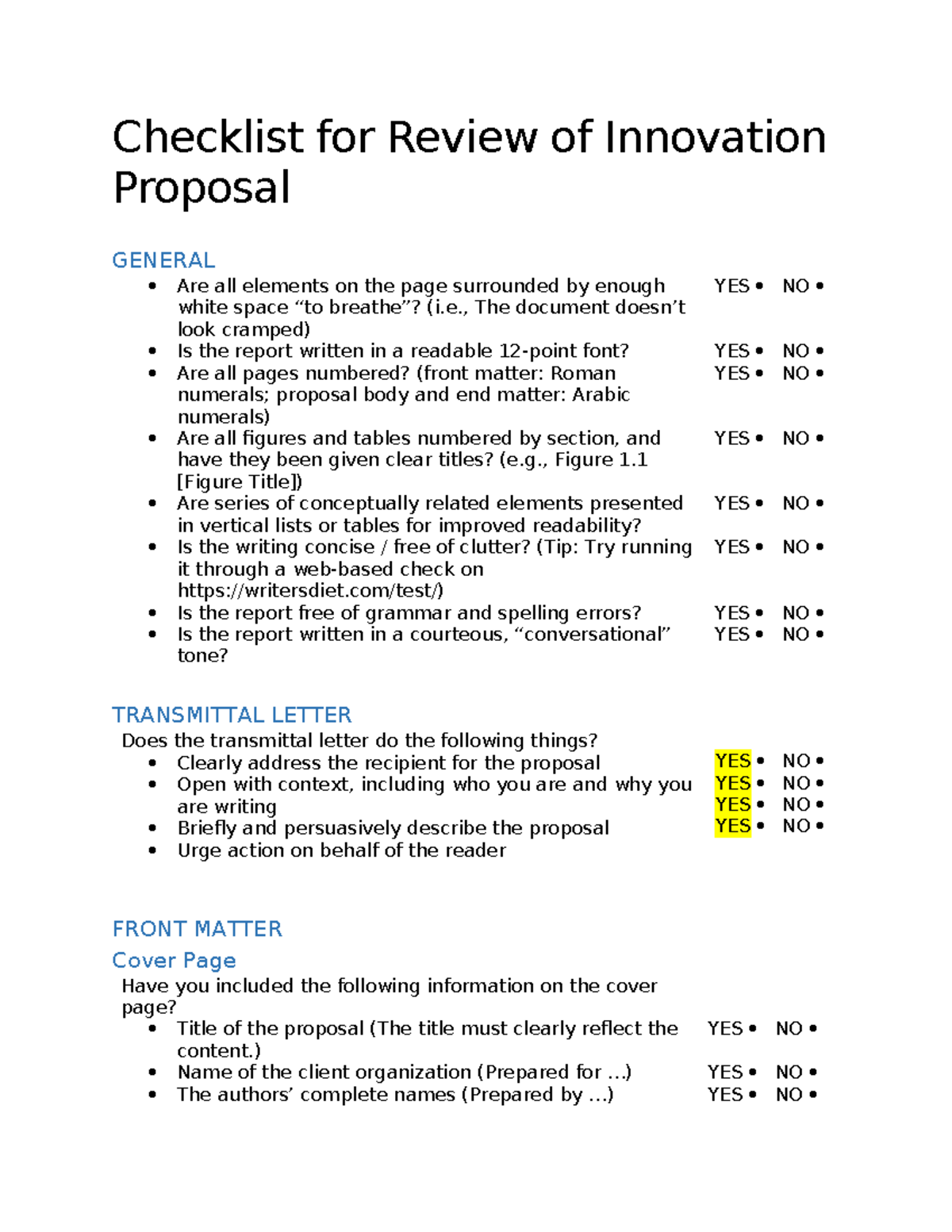 Proposal checklist - Summary Technical Writing and Communication ...