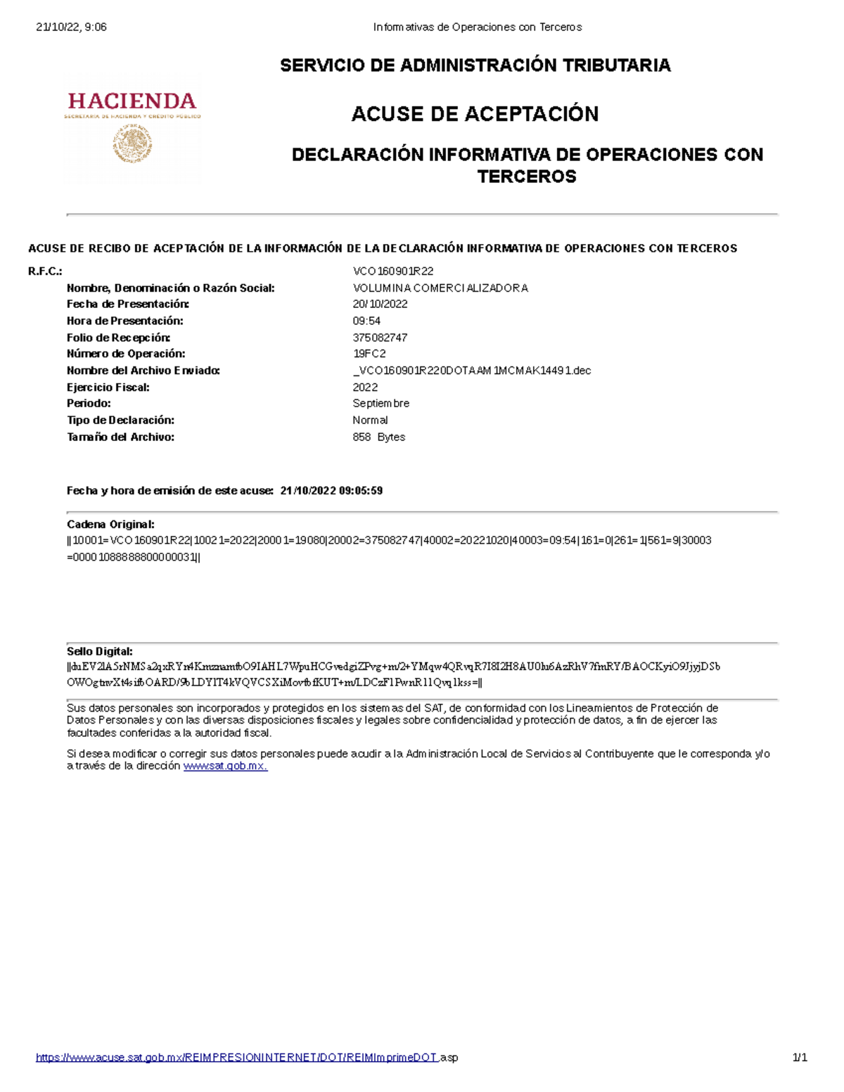 Acuse DIOT SEPT 22 Voluminia - 21/10/22, 9:06 Informativas de ...