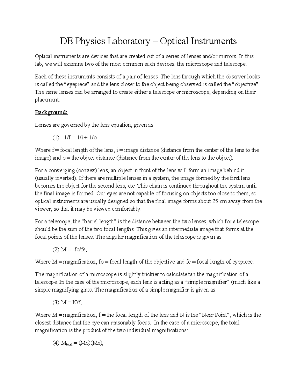 Lab 12 - DE Physics - Optical instruments - telescope and microscope ...