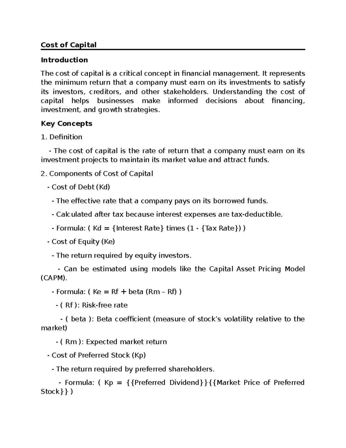 Lecture notes Cost of Capital - Cost of Capital Introduction The cost ...