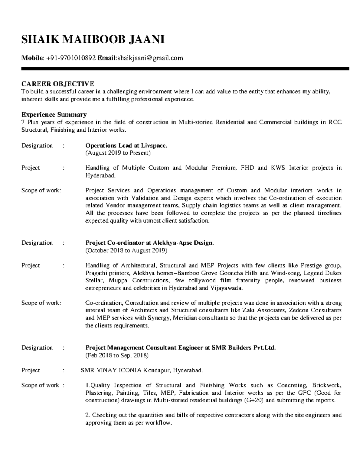 CV Mahboob Jaani 21 - applicable - SHAIK MAHBOOB JAANI Mobile : +91 ...