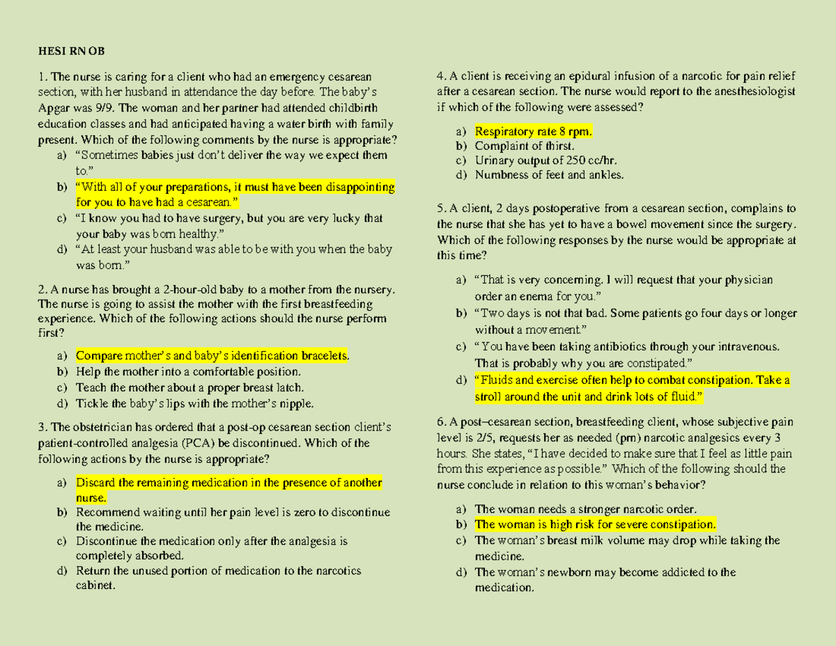 HESI RN OB 2 Practice Questions For The HESI OB Exam Try And Do At