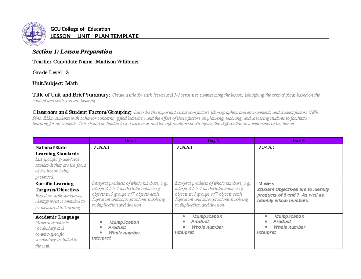 3-day unit plan template - Section 1: Lesson Preparation Teacher ...
