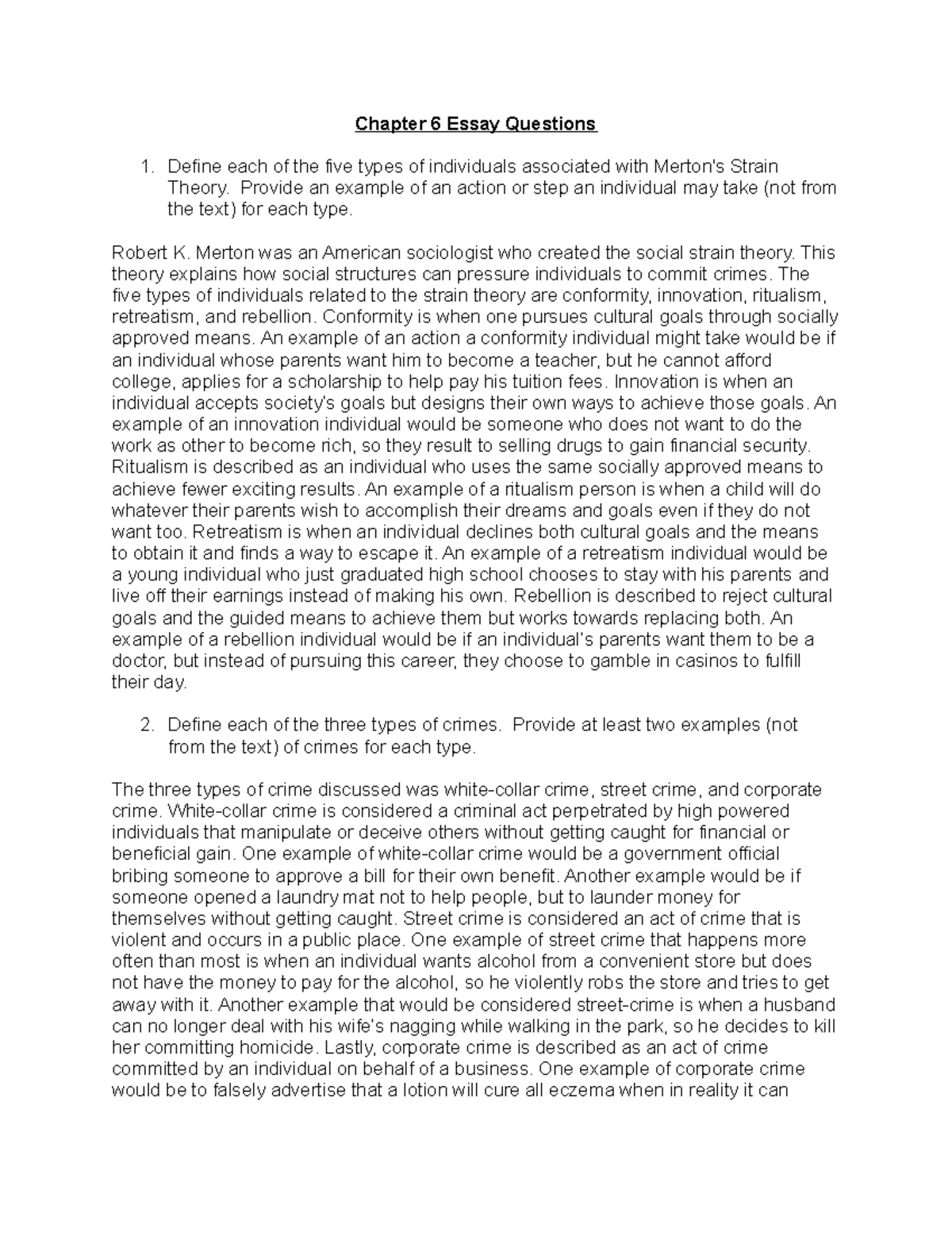 Chapter 6 Essay Questions - Chapter 6 Essay Questions Define each of ...