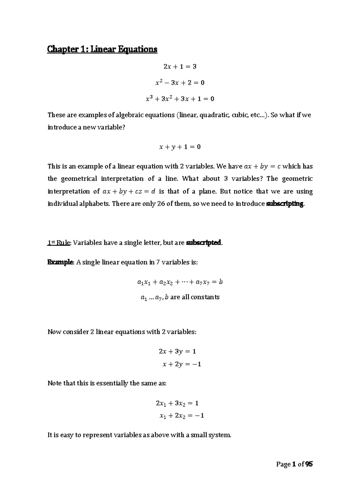 1201 Summary 2 Chapter 1 Linear Equations 2 1 3 2 3 