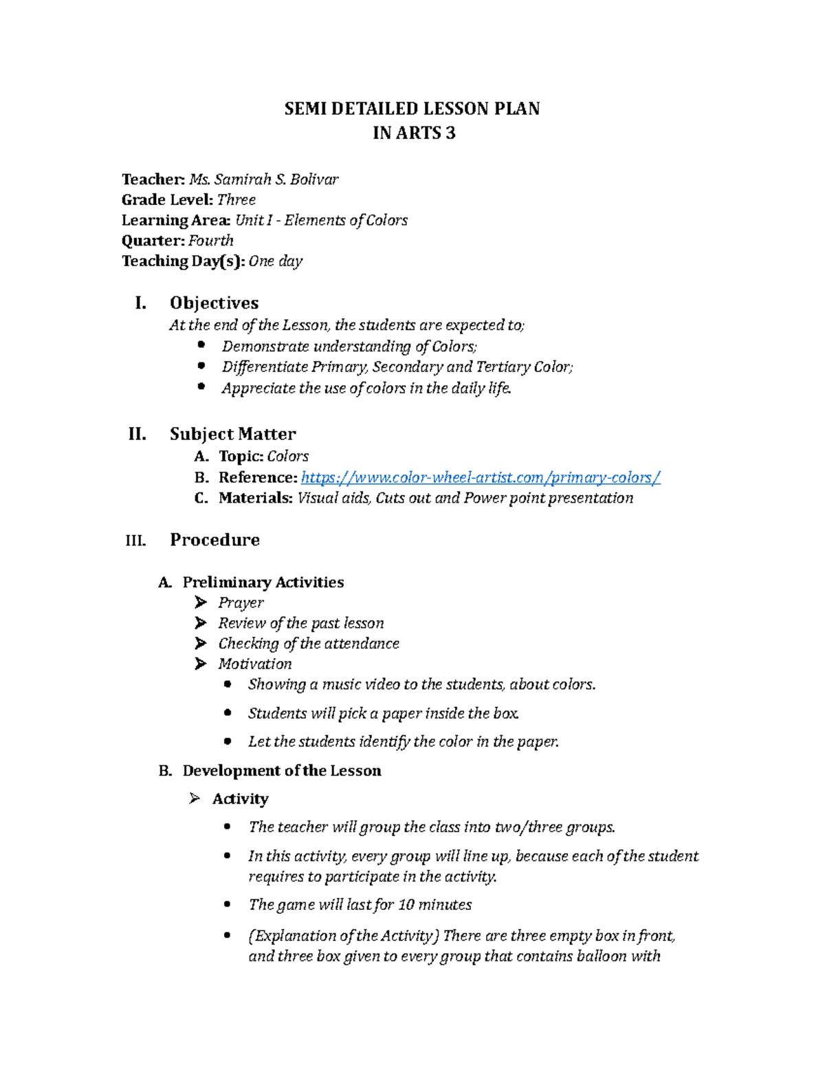 SEMI Detailed Lesson PLAN IN ARTS - SEMI DETAILED LESSON PLAN IN ARTS 3 ...