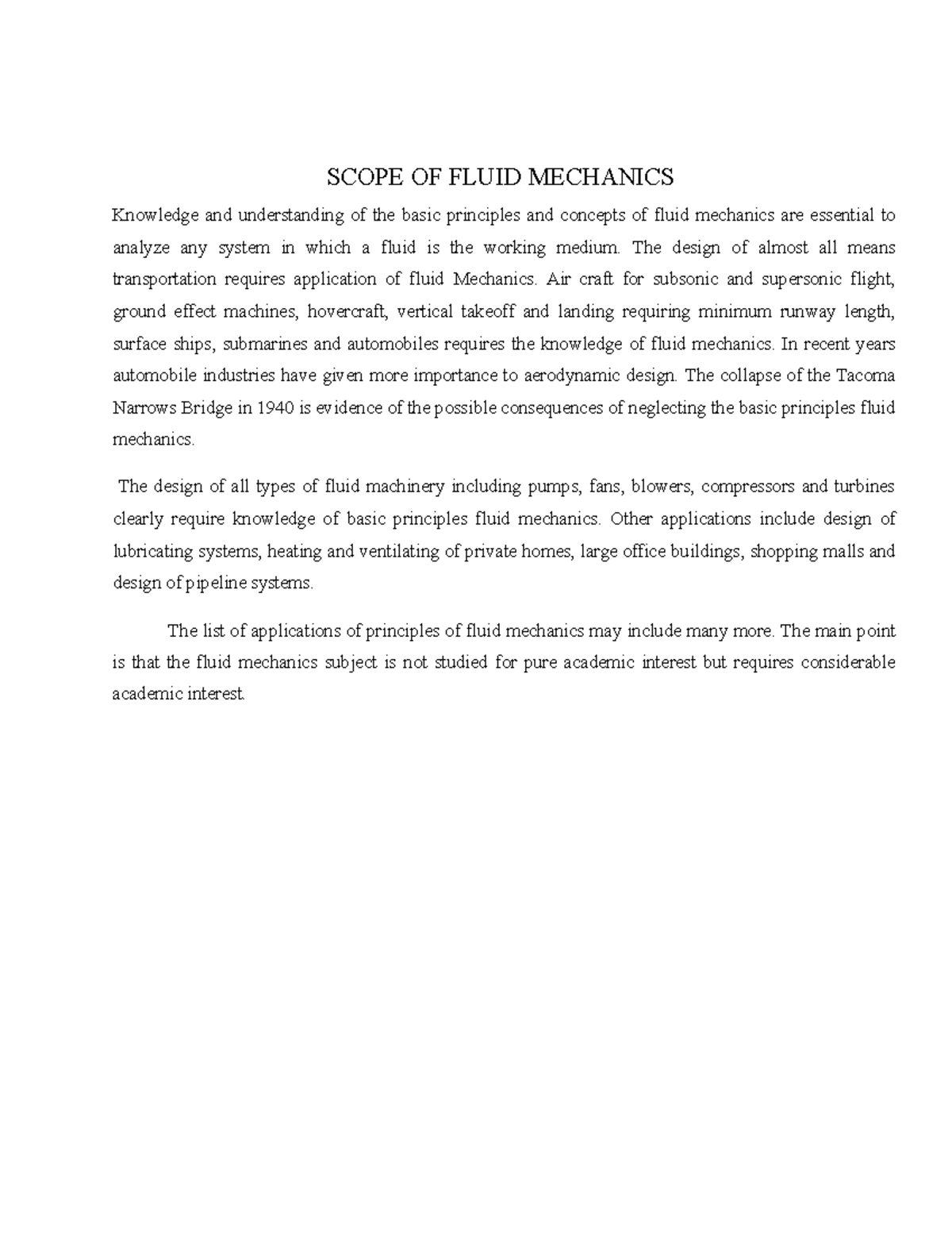 Mechanical 3 - SCOPE OF FLUID MECHANICS Knowledge and understanding of ...