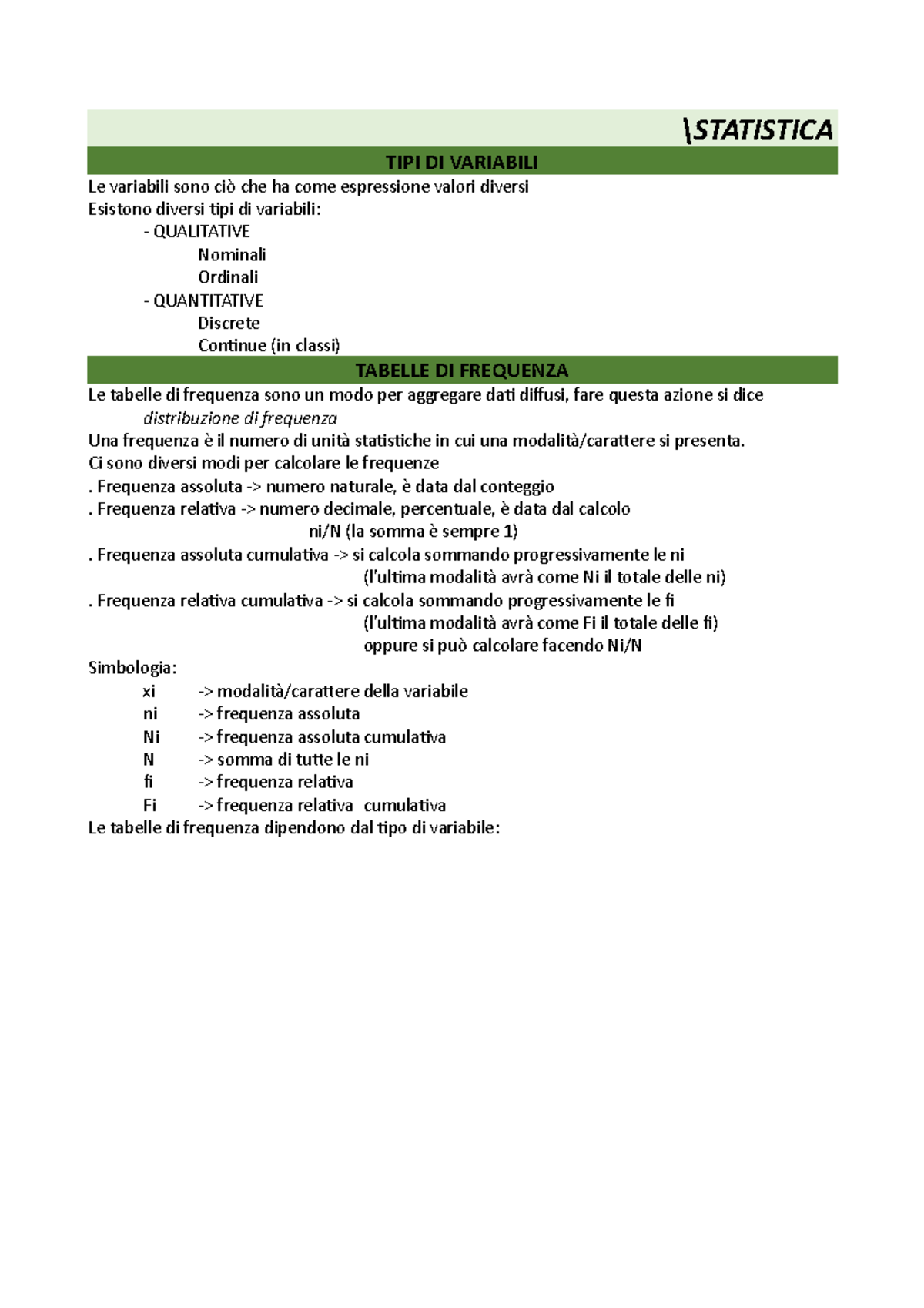 modulo di statistica del corso demografia internazionale - \STATISTICA TIPI DI VARIABILI Le ...