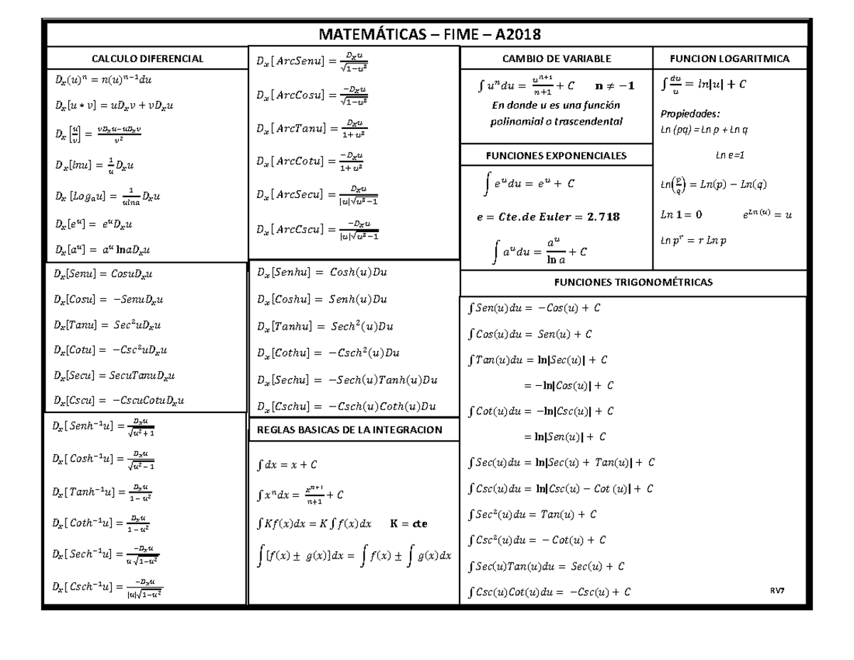 Formulario Matematicas FIME 2018 V7 - FIME A2018 C CALCULO DIFERENCIAL ...