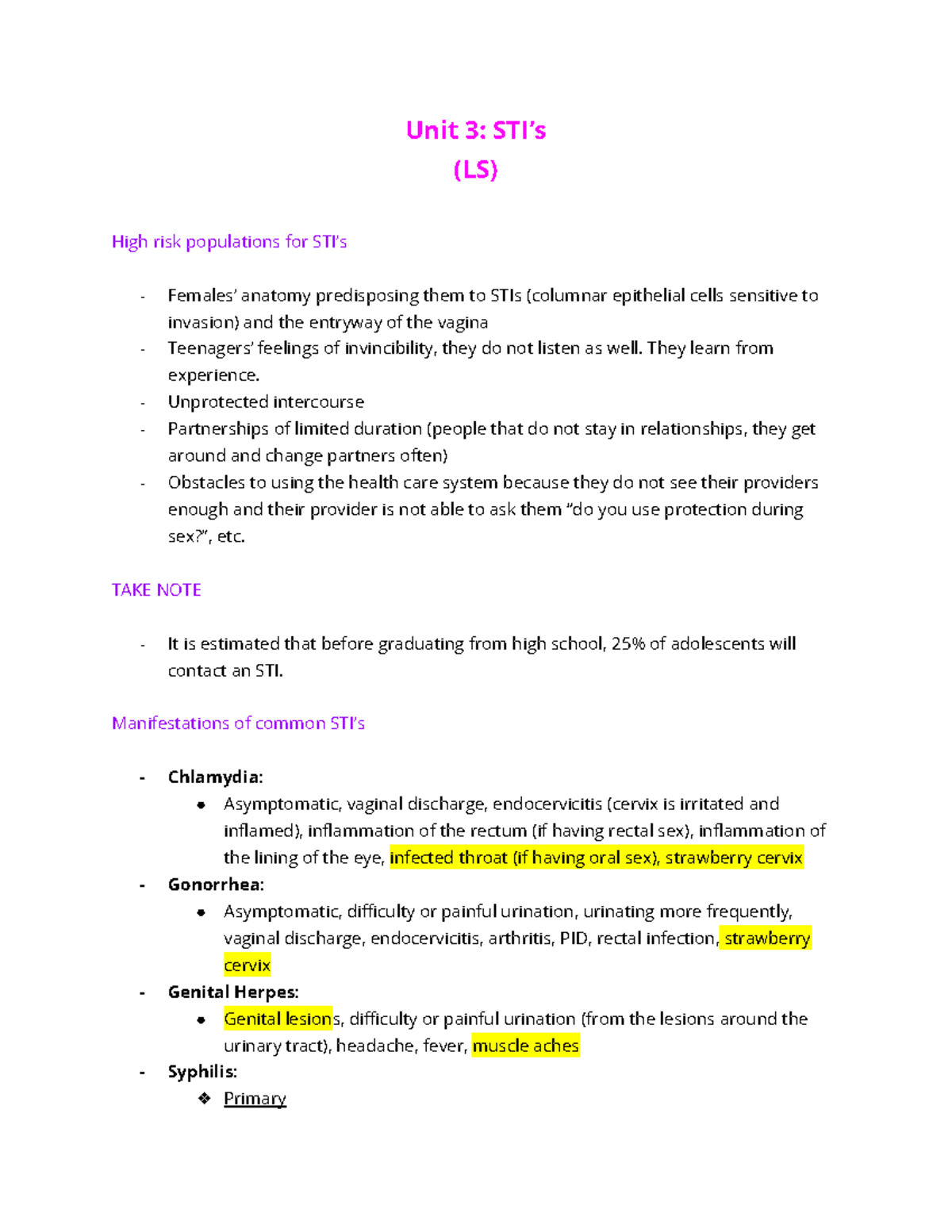 Unit 3 STI’s - not applicable - Unit 3: STI’s (LS) High risk ...