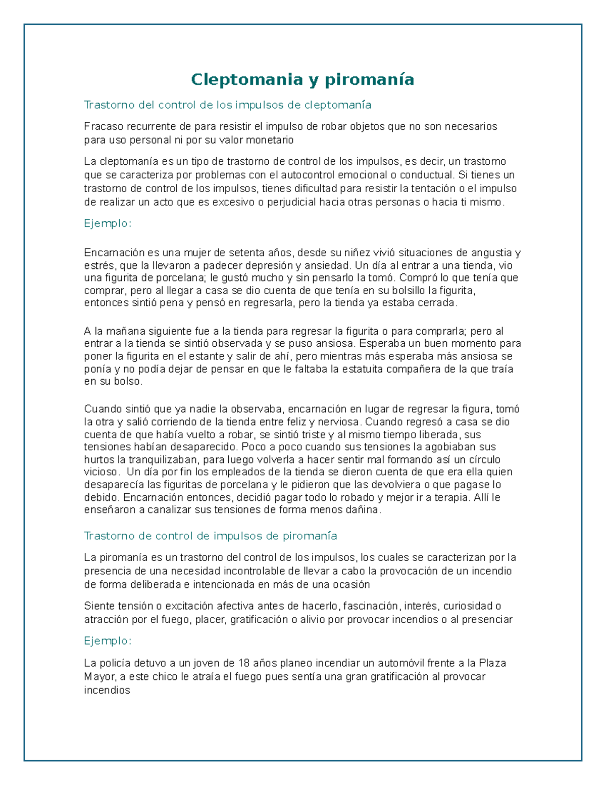 Cleptomania y piromanía - Cleptomania y piromanía Trastorno del control ...