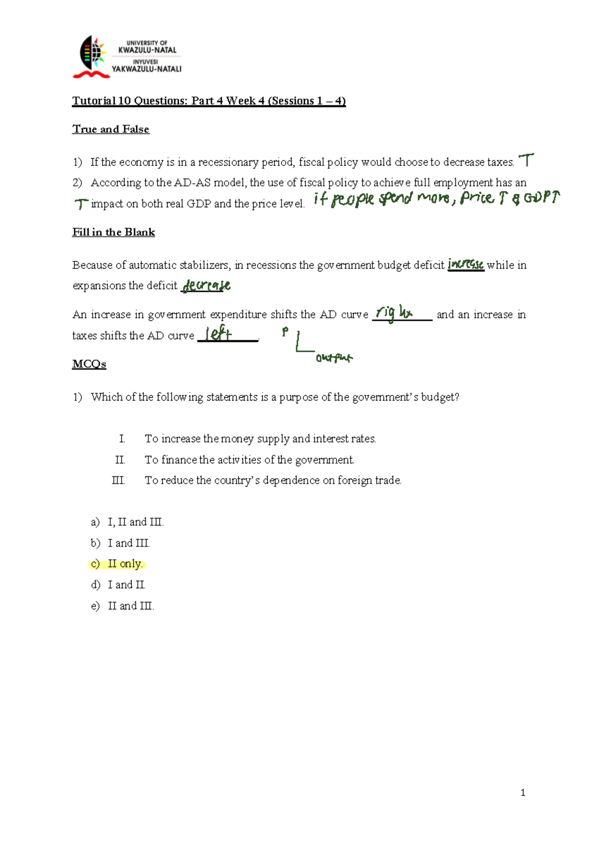 Tut10 Tut 10 Econ Tutorial 10 Questions Part 4 Week 4 Sessions 1 4 True And False If