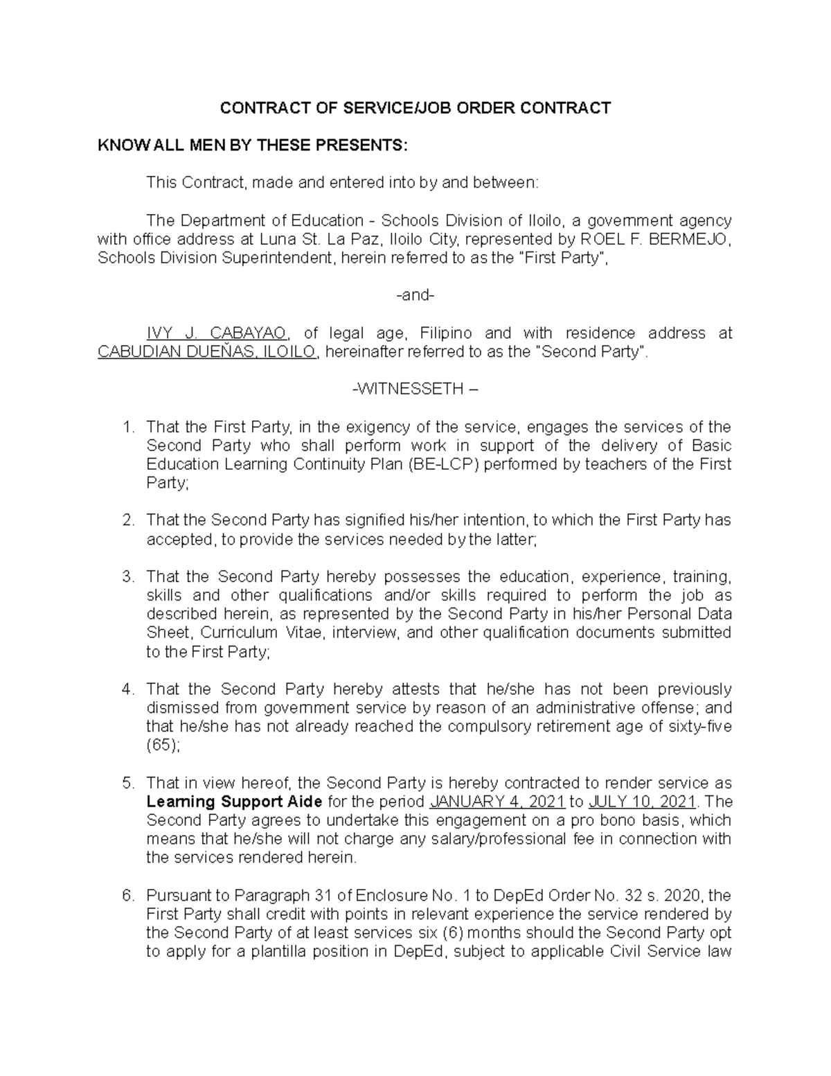 Contract OF Service LSA (IVY Cabayao) - CONTRACT OF SERVICE/JOB ORDER ...