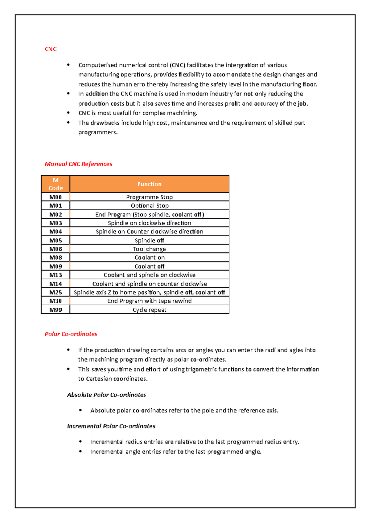 CNC - Detailed notes from Lecturer Tony Kelly which include all ...