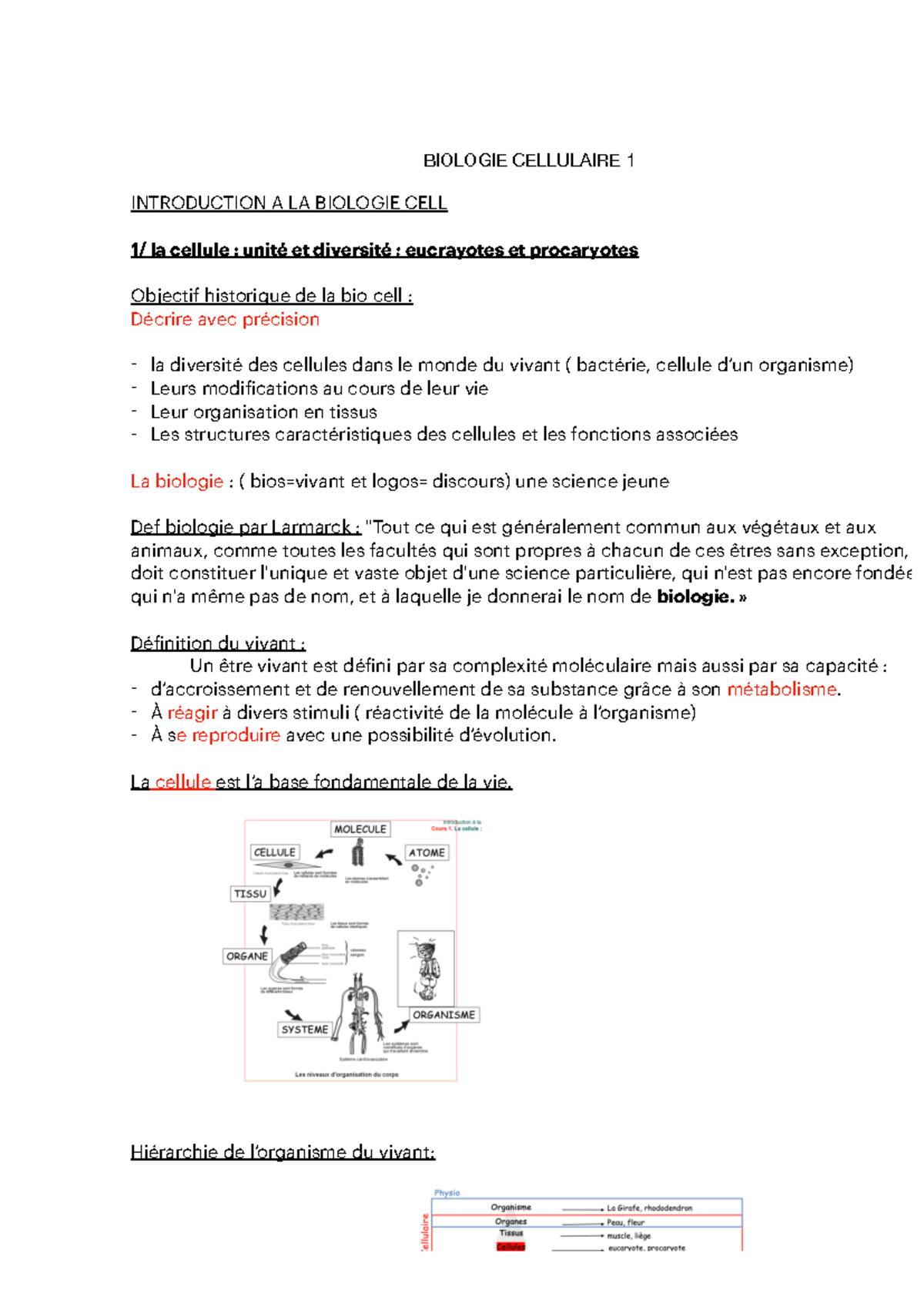 Bio cell 1 - note de cours de biologie cellulaire - BIOLOGIE CELLULAIRE 1 INTRODUCTION A LA ...