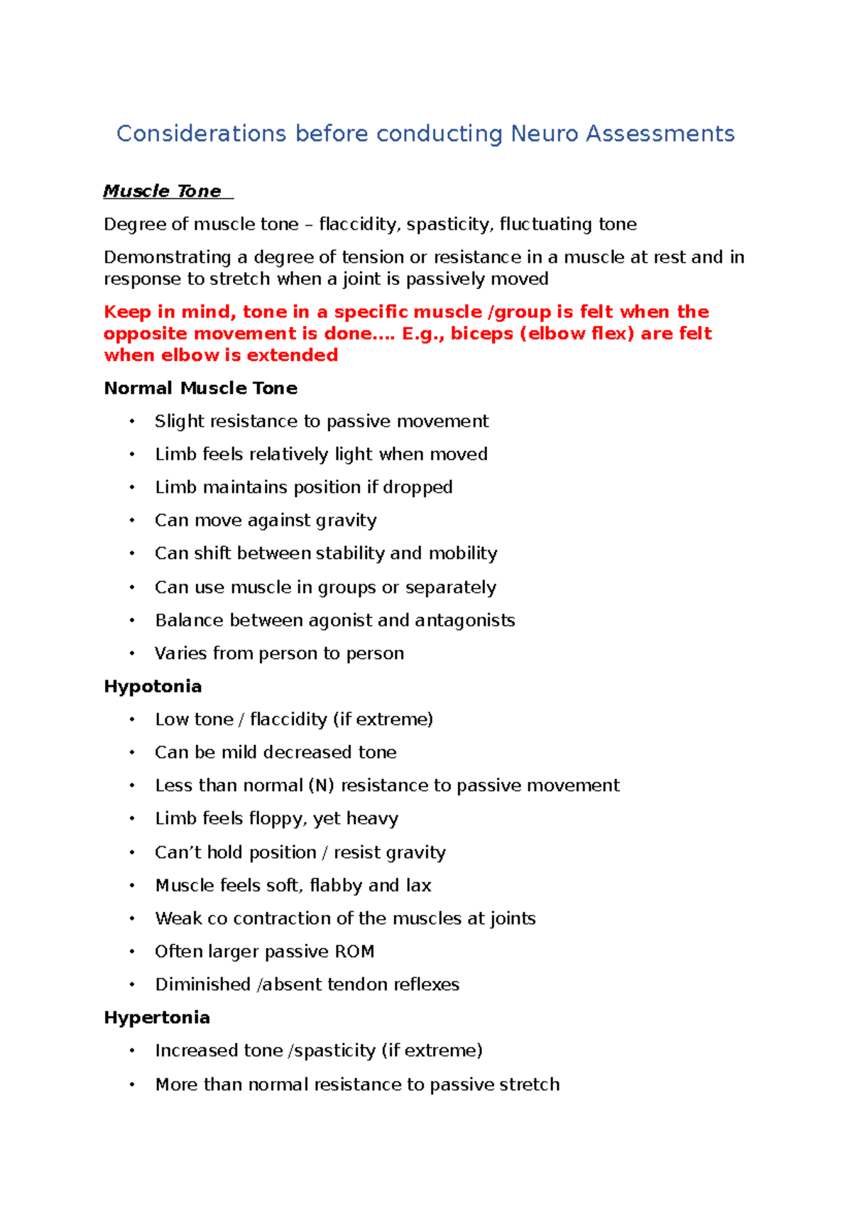 Considerations before conducting Neuro Assessments OCT 315 ...