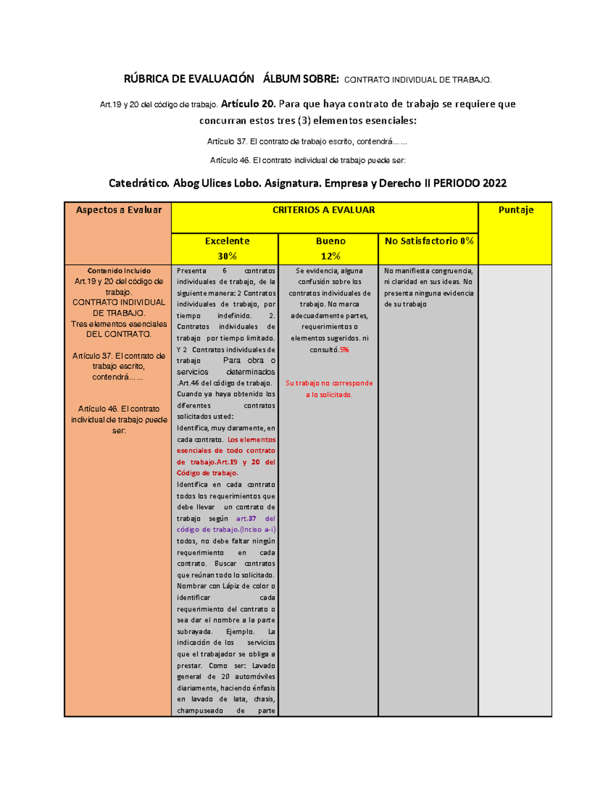 Rúbrica DE Evaluación Álbum Sobre Contrato Individual DE Trabajo - R⁄BRICA DE EVALUACI”N ¡LBUM ...