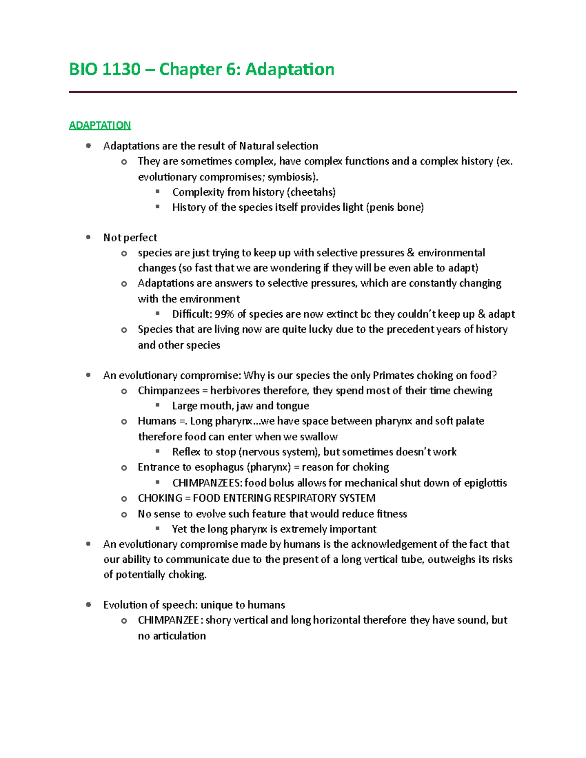 BIO 1130 - Chapter 6 - BIO 1130 – Chapter 6: Adaptation ADAPTATION ...