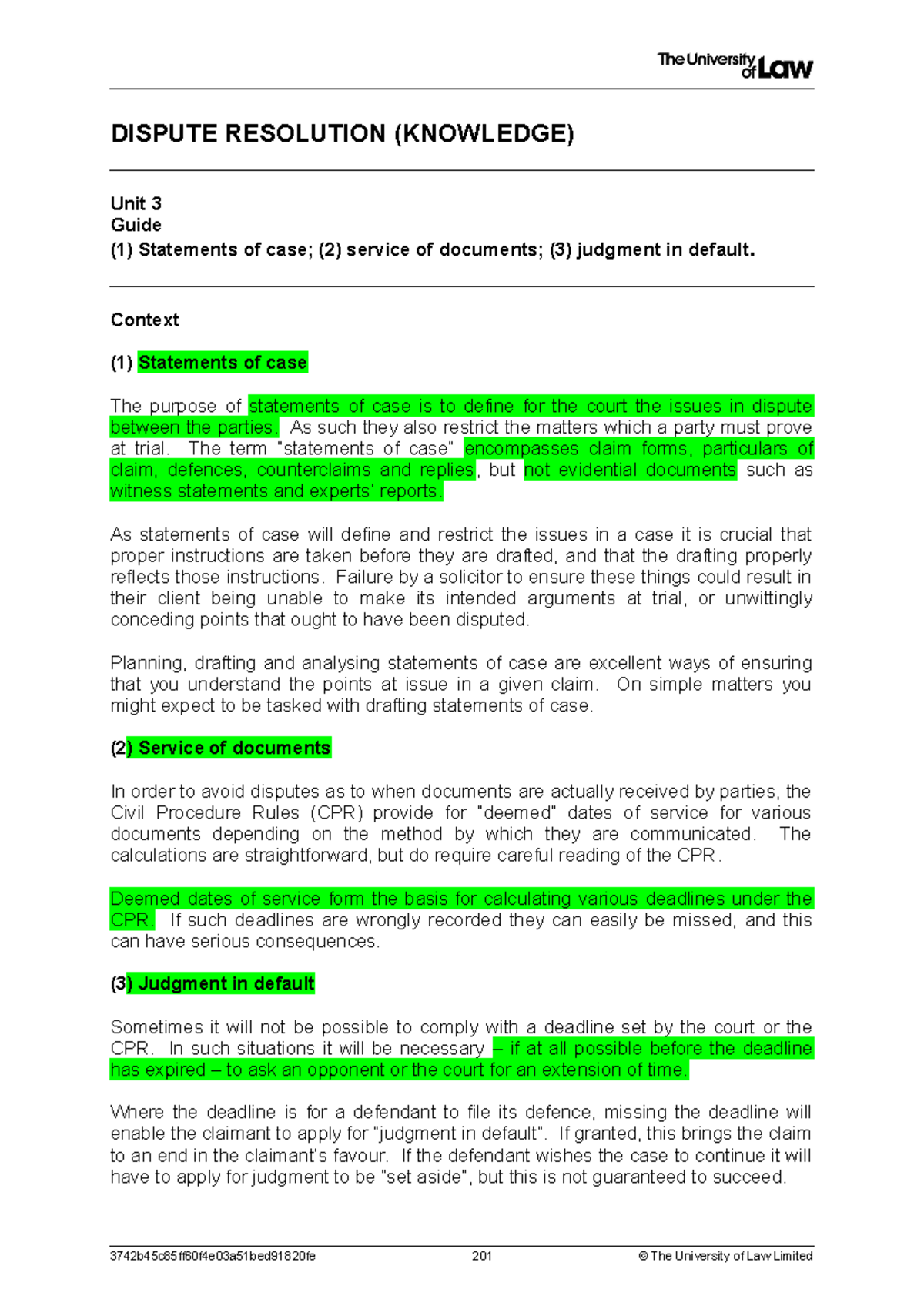 Workshop 3 - DISPUTE RESOLUTION (KNOWLEDGE) Unit 3 Guide (1) Statements ...