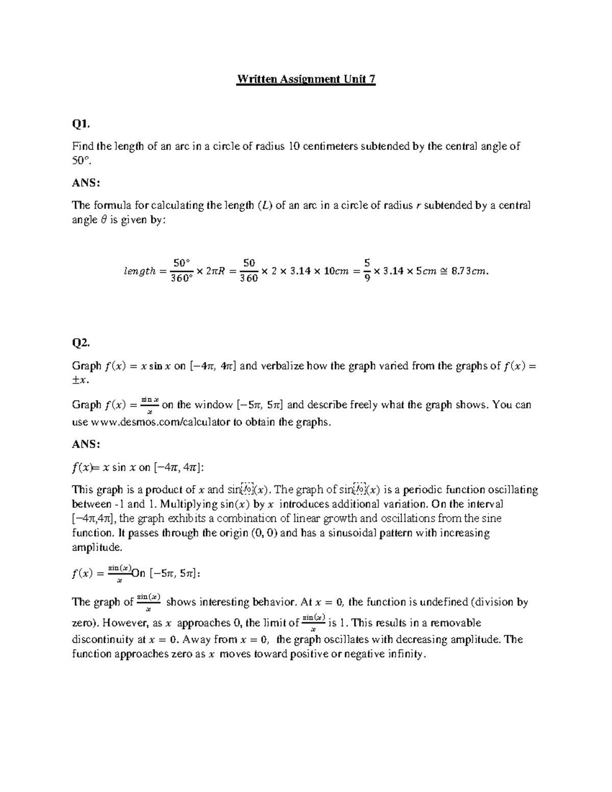 Written Assignment Unit 7 - Find the length of an arc in a circle of radius 10 centimeters ...