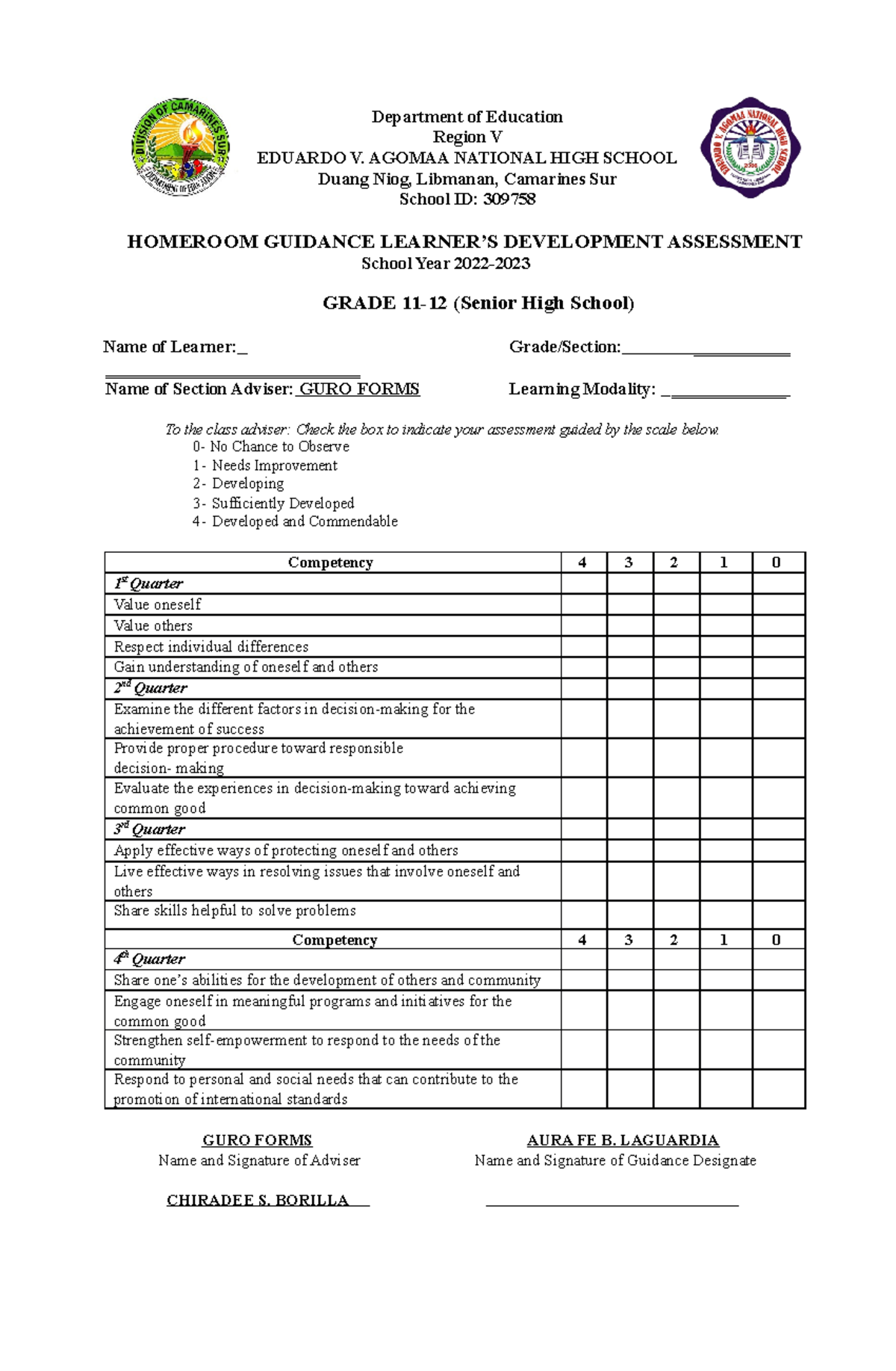 Homeroom Guidance Learners Development Assessment Grade 11 12 ...