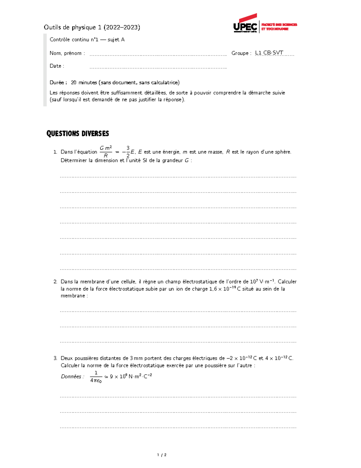 CC1 outils physique 1 2022 2023 - Outils de physique 1 (2022–2023) Contrôle continu n°1 — sujet ...
