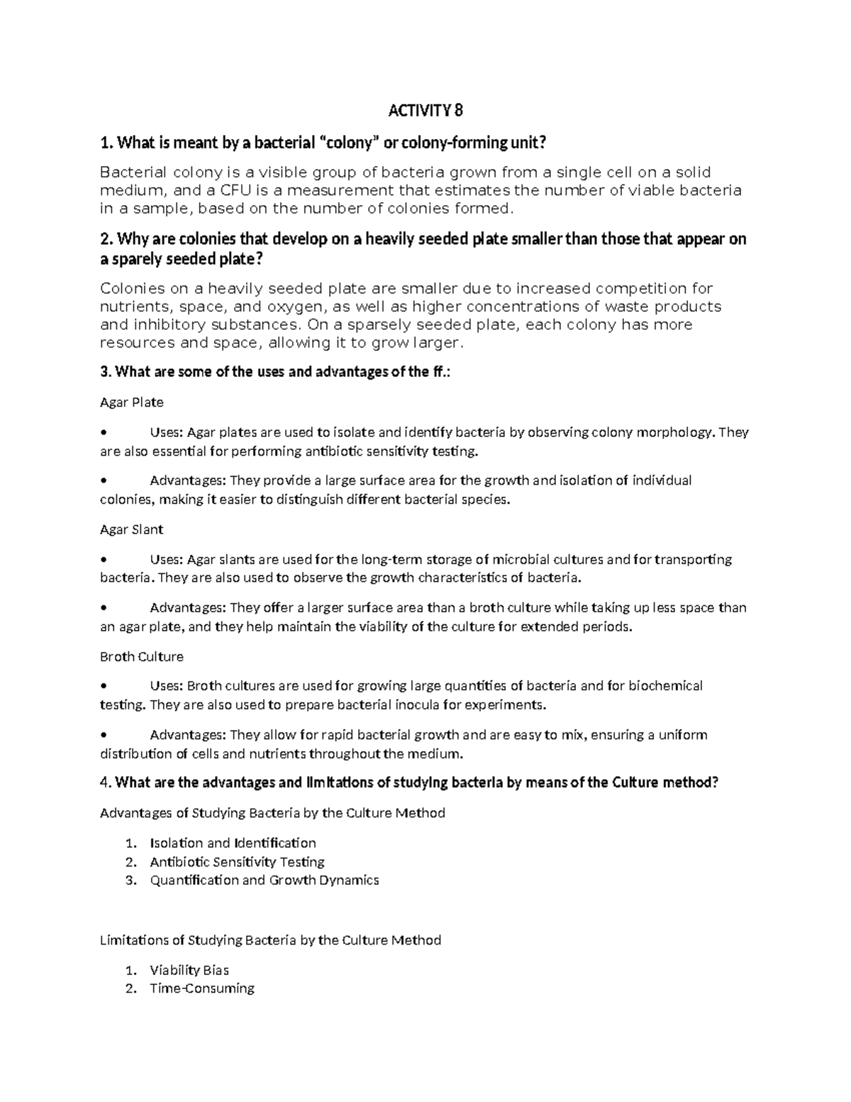 Activity 8 Bacteriology LAB - ACTIVITY 8 1. What is meant by a bacterial “colony” or colony ...