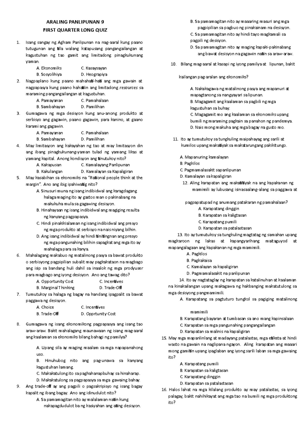 AP 9 Long Quiz 1st quarter - ARALING PANLIPUNAN 9 FIRST QUARTER LONG QUIZ Isang sangay ng Agham ...
