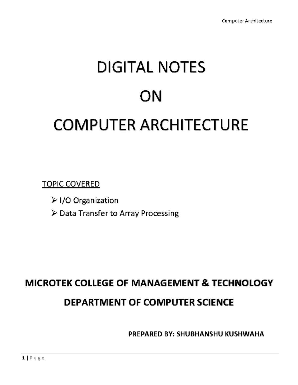 Computer Architectur - Notes - DIGITAL NOTES ON COMPUTER ARCHITECTURE ...