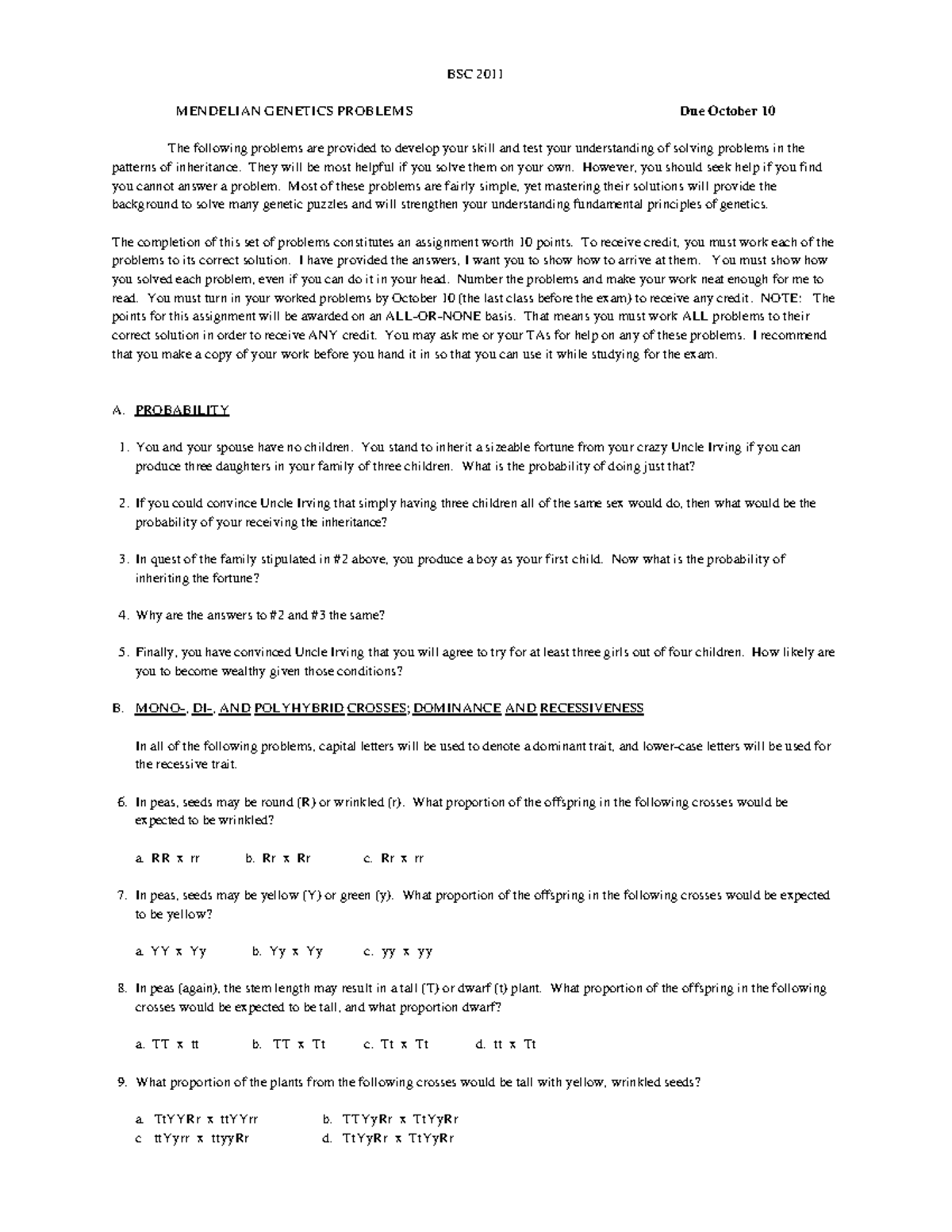 genetic problems - BSC 2011 MENDELIAN GENETICS PROBLEMS Due October 10 ...