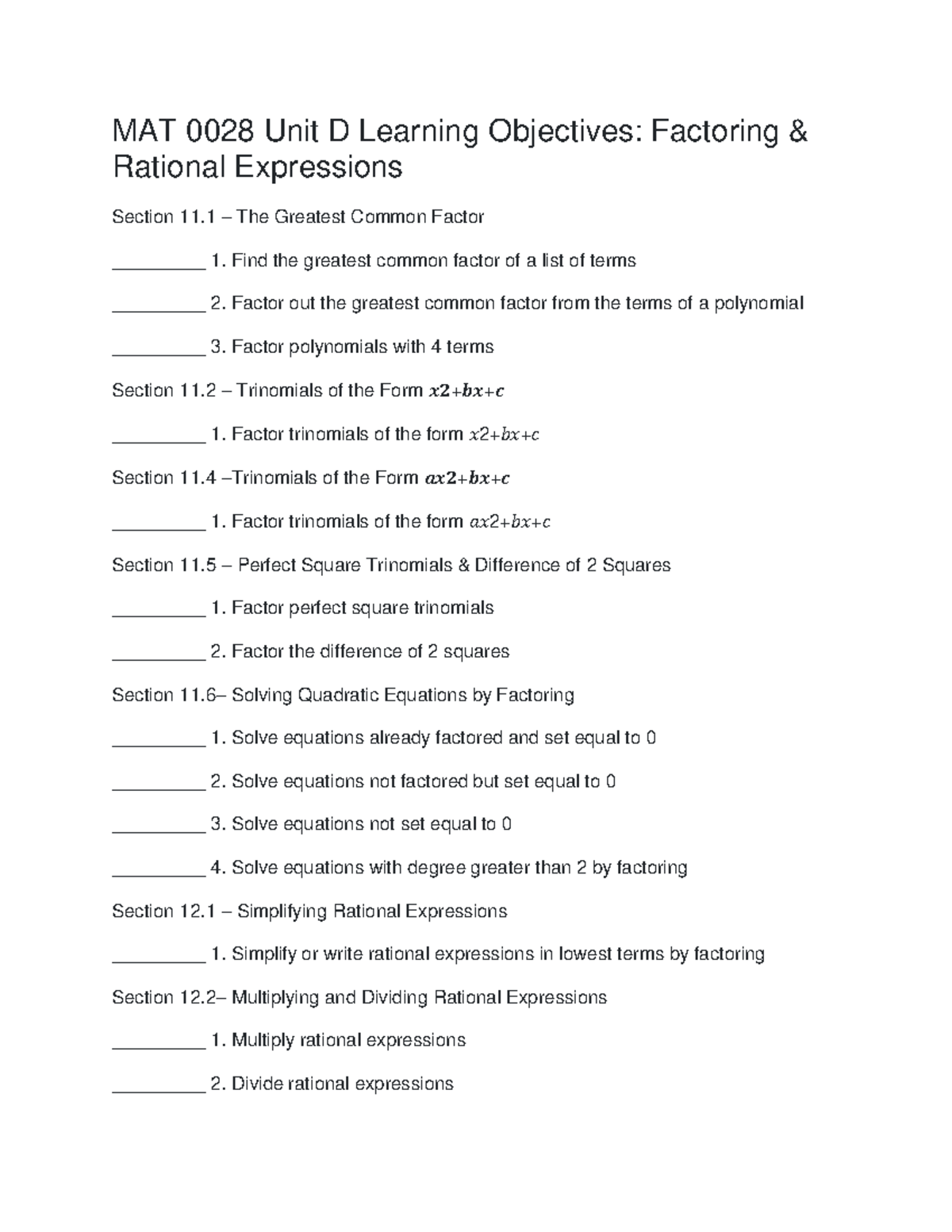 MAT 0028 Unit D Learning Objectives - Find the greatest common factor ...