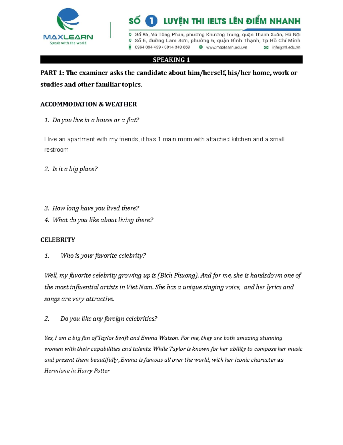 Speaking Final Test HP 4 - SPEAKING 1 PART 1: The examiner asks the ...