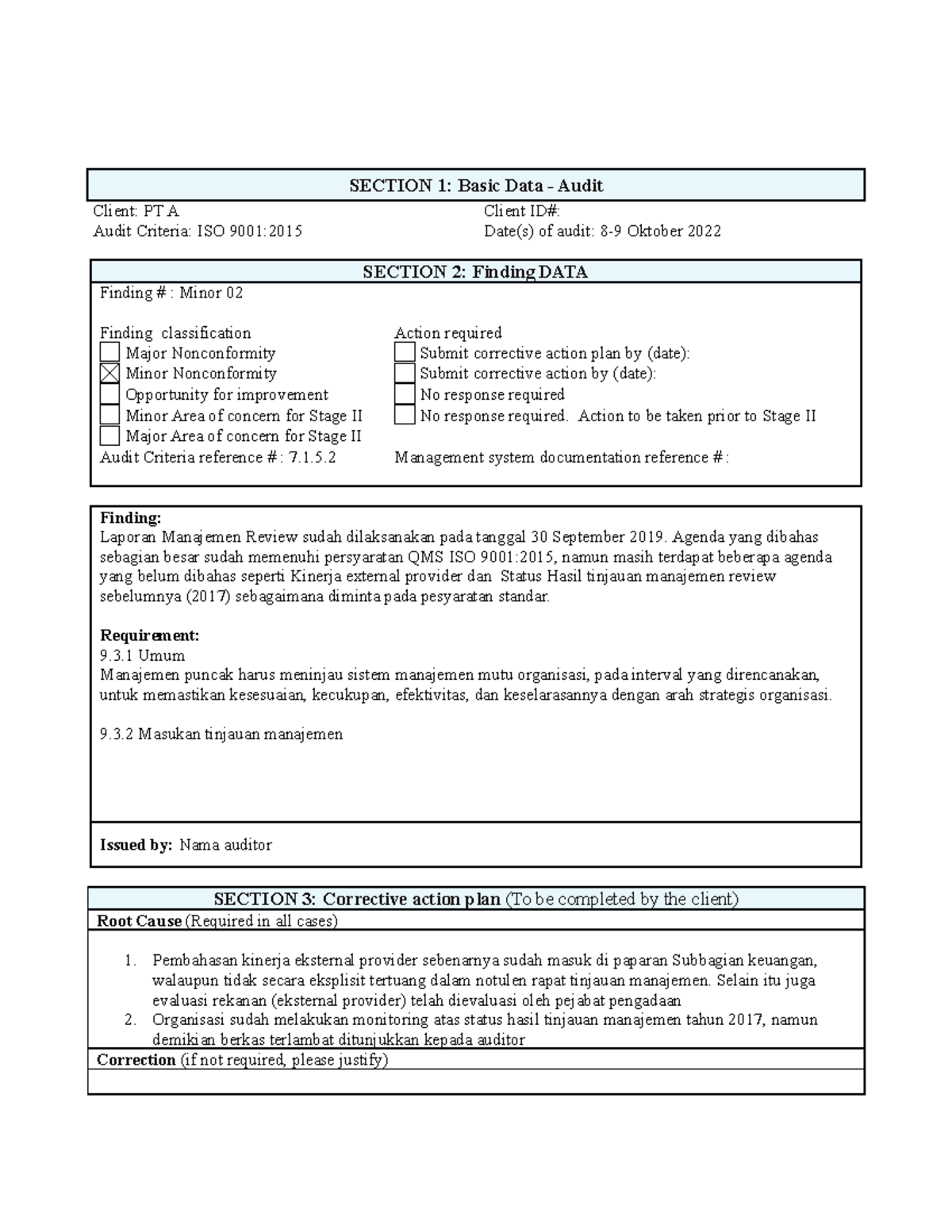 Contoh Pengisian tindaklanjut - SECTION 1: Basic Data - Audit Client: PT A Client ID#: Audit ...