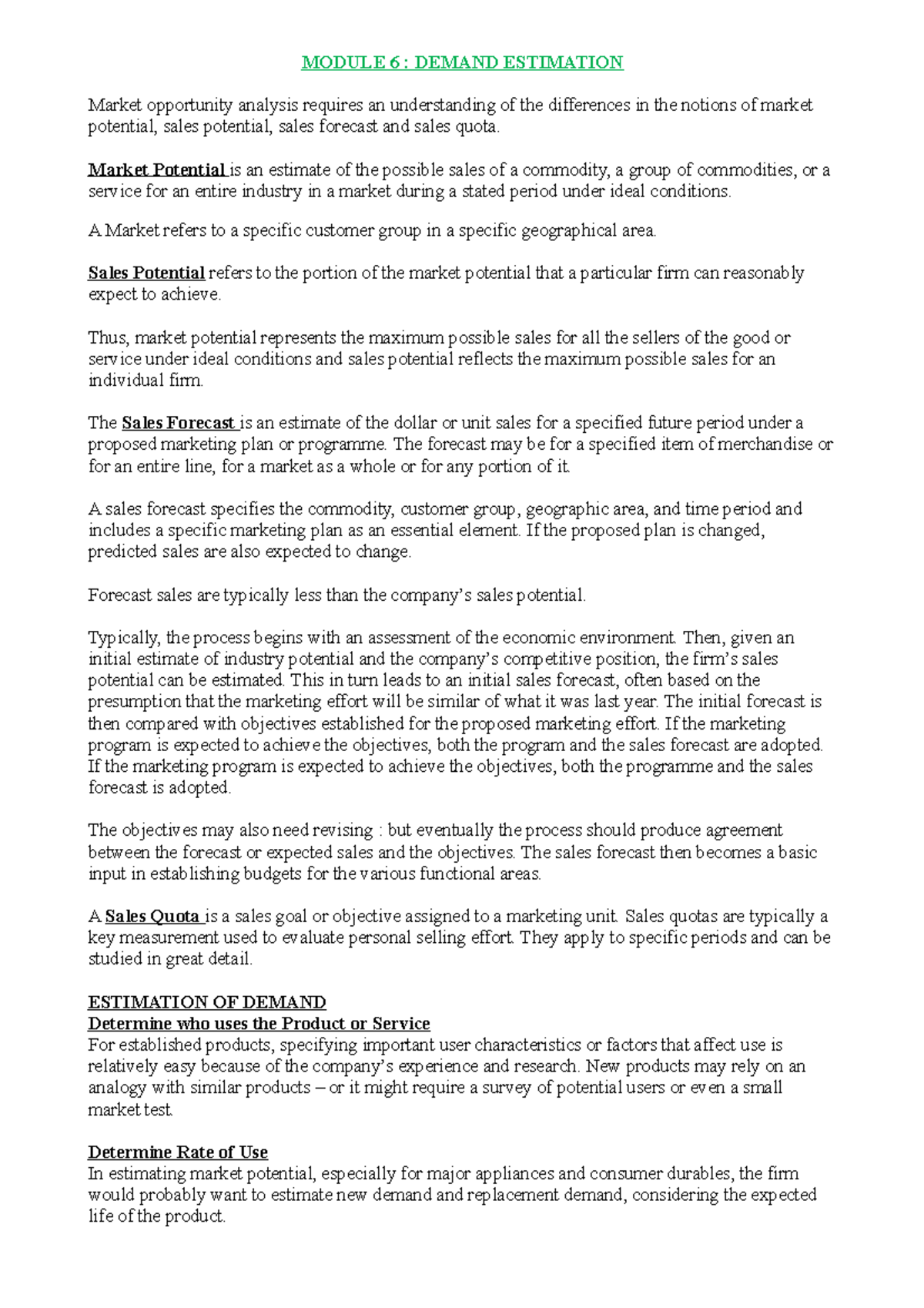 Ch6 Demand Estimation - Sales-Force-Management - MODULE 6 : DEMAND ESTIMATION Market opportunity ...
