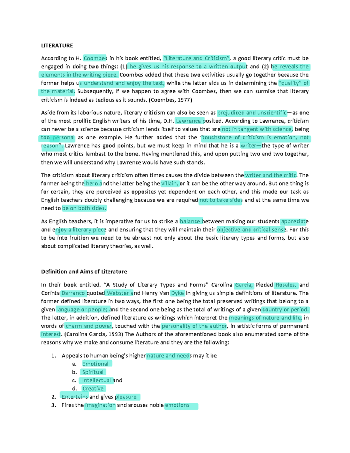 LIT- Intro - English - LITERATURE According to H. Coombes in his book ...